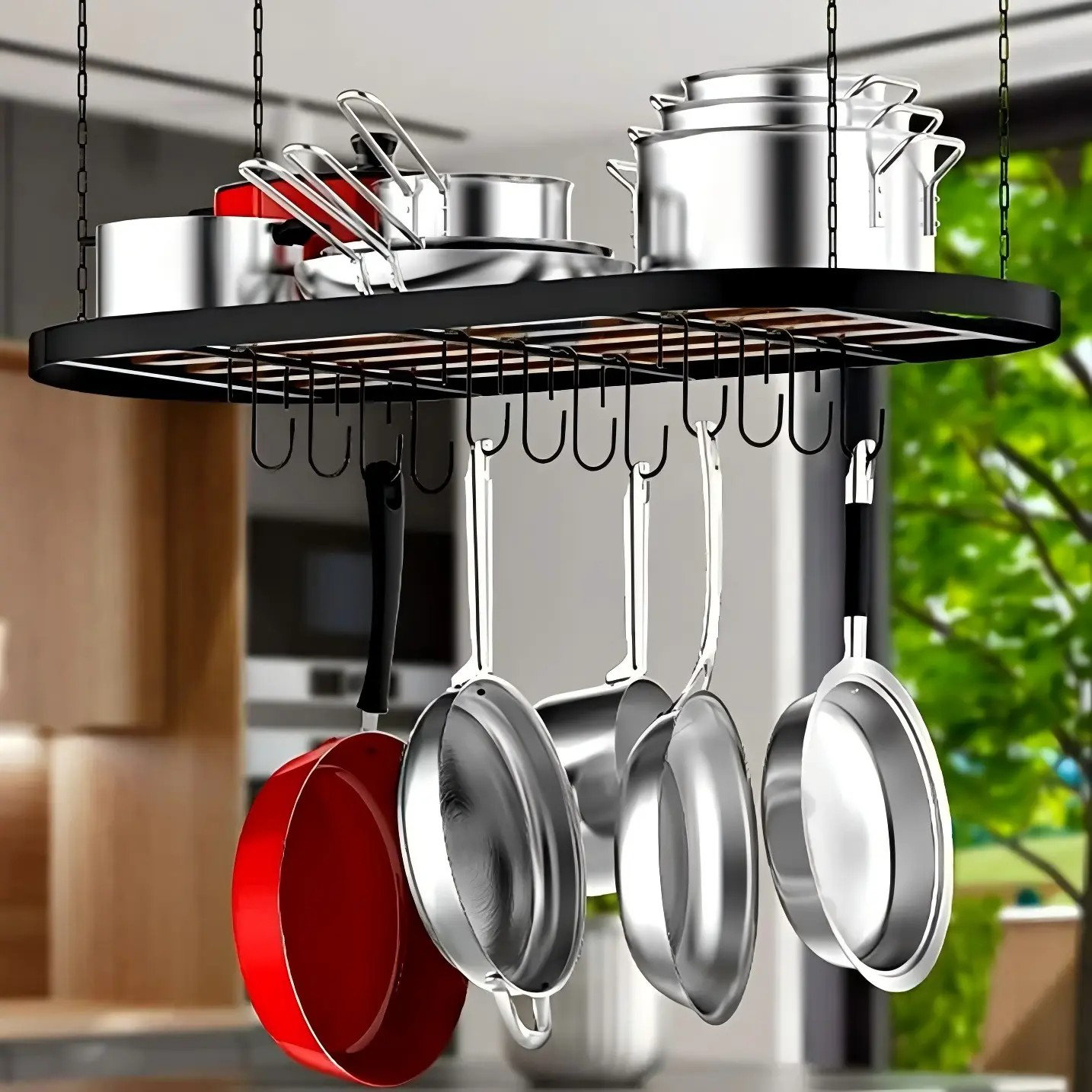 Prep & Savour Hanging Pot Rack Ceiling Mount Cookware Organizer with ...