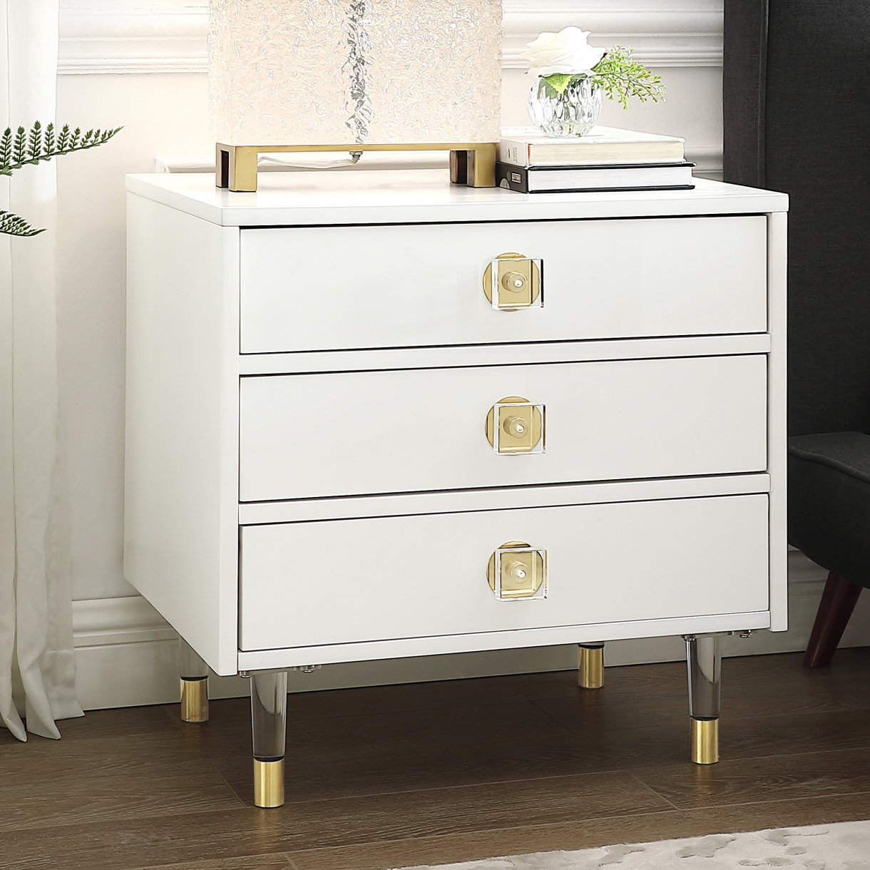 Nicole Miller Alienor 3 Drawer High Gloss Finish Acrylic Knob and Leg ...