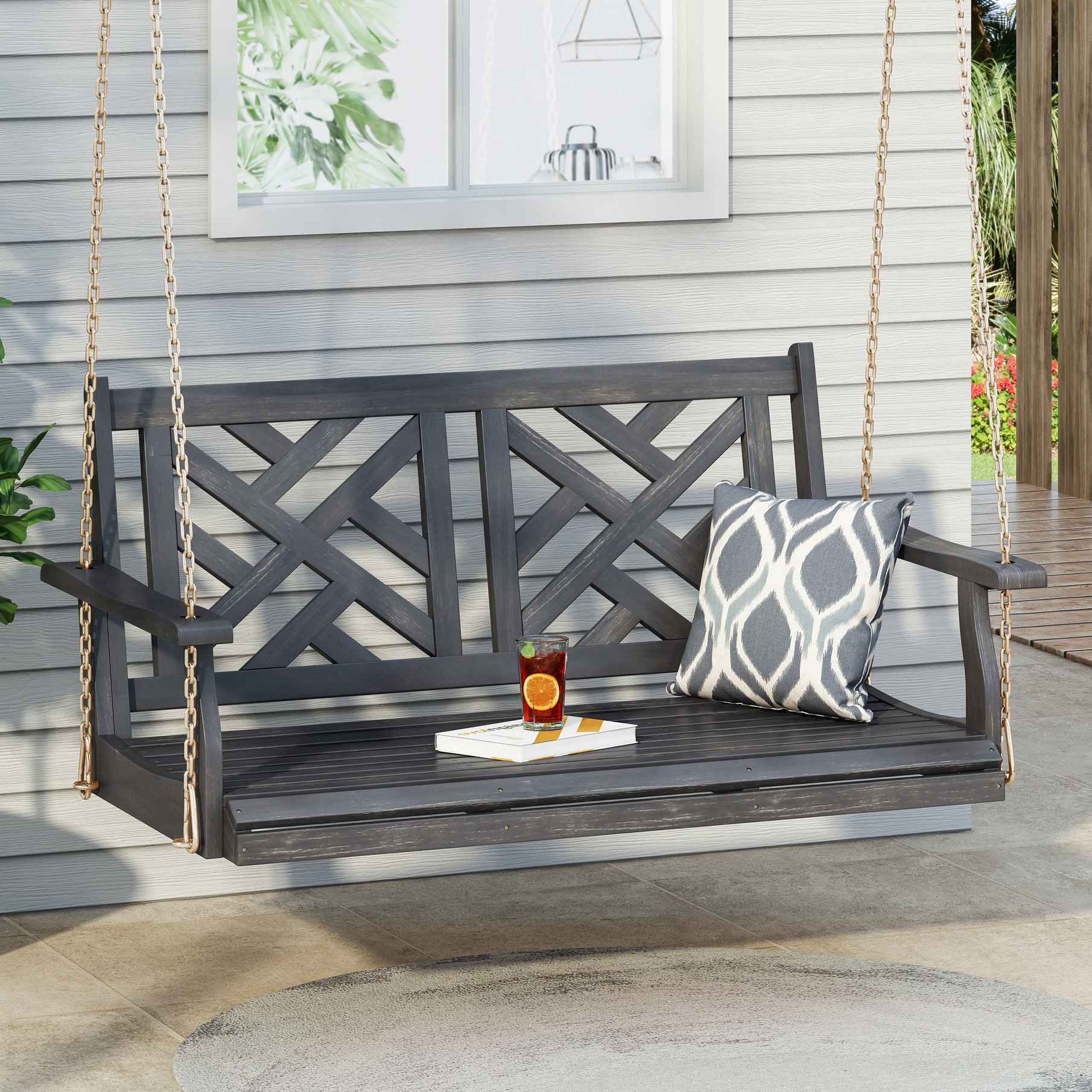 One Allium Way® Wood Porch Swing With Dark Grey Tone, 48.3W X 20.25D ...