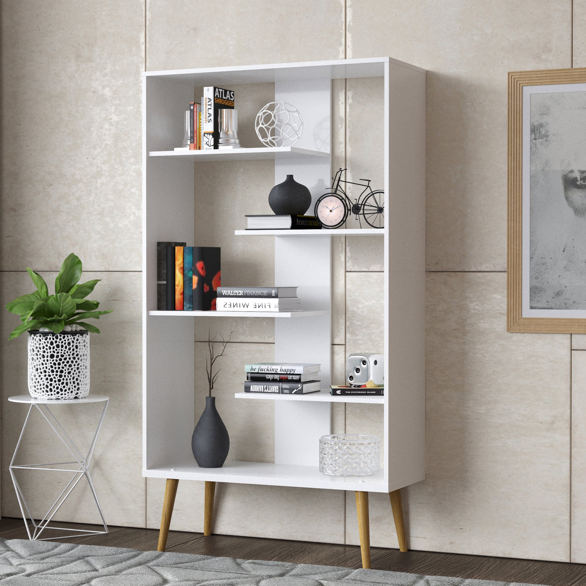 Boahaus LLC Boahaus Lund Bookcase, Wood Legs, Modern Style, 05 Shelves ...