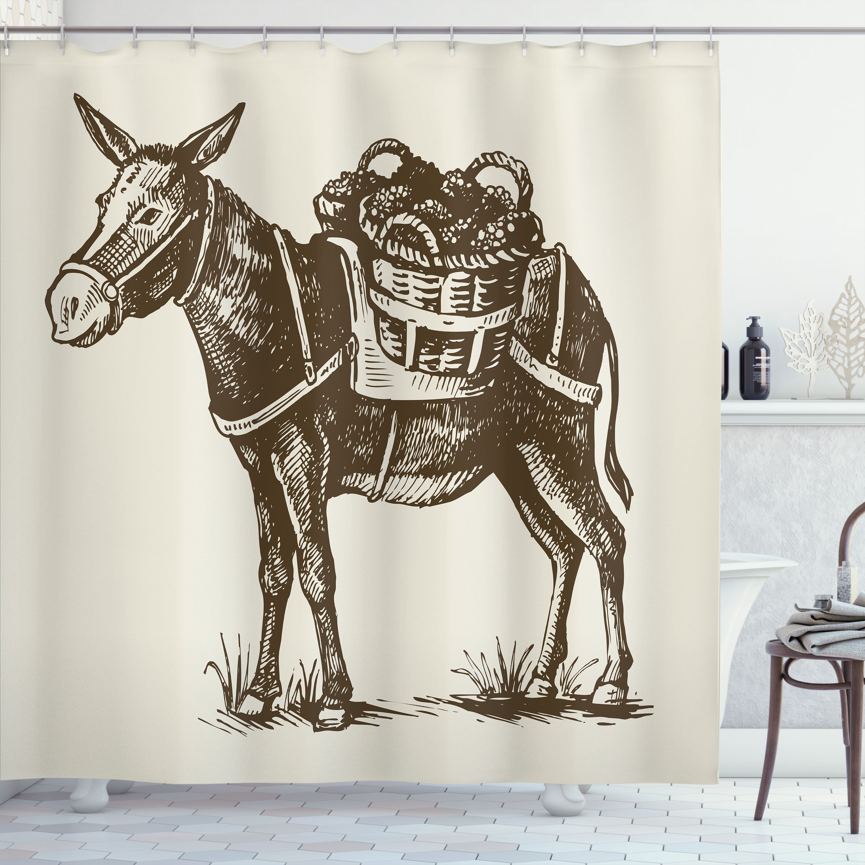 Ambesonne Donkey Shower Curtain Vintage Animal with Baskets Dark Cocoa ...