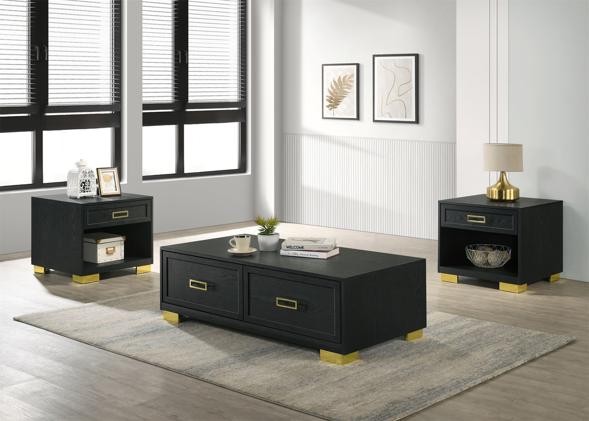 Everly Quinn 3Pc Contemporary Coffee Table With Storage Drawers, Open ...