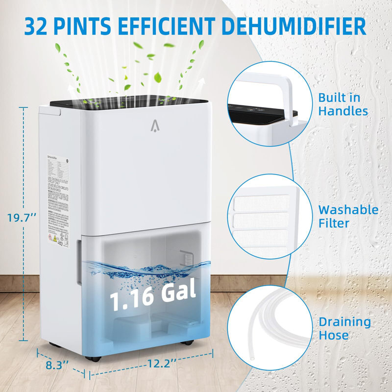 babevy 32 Pints Portable Dehumidifier For Basement 3,000 Sq.Ft | Wayfair