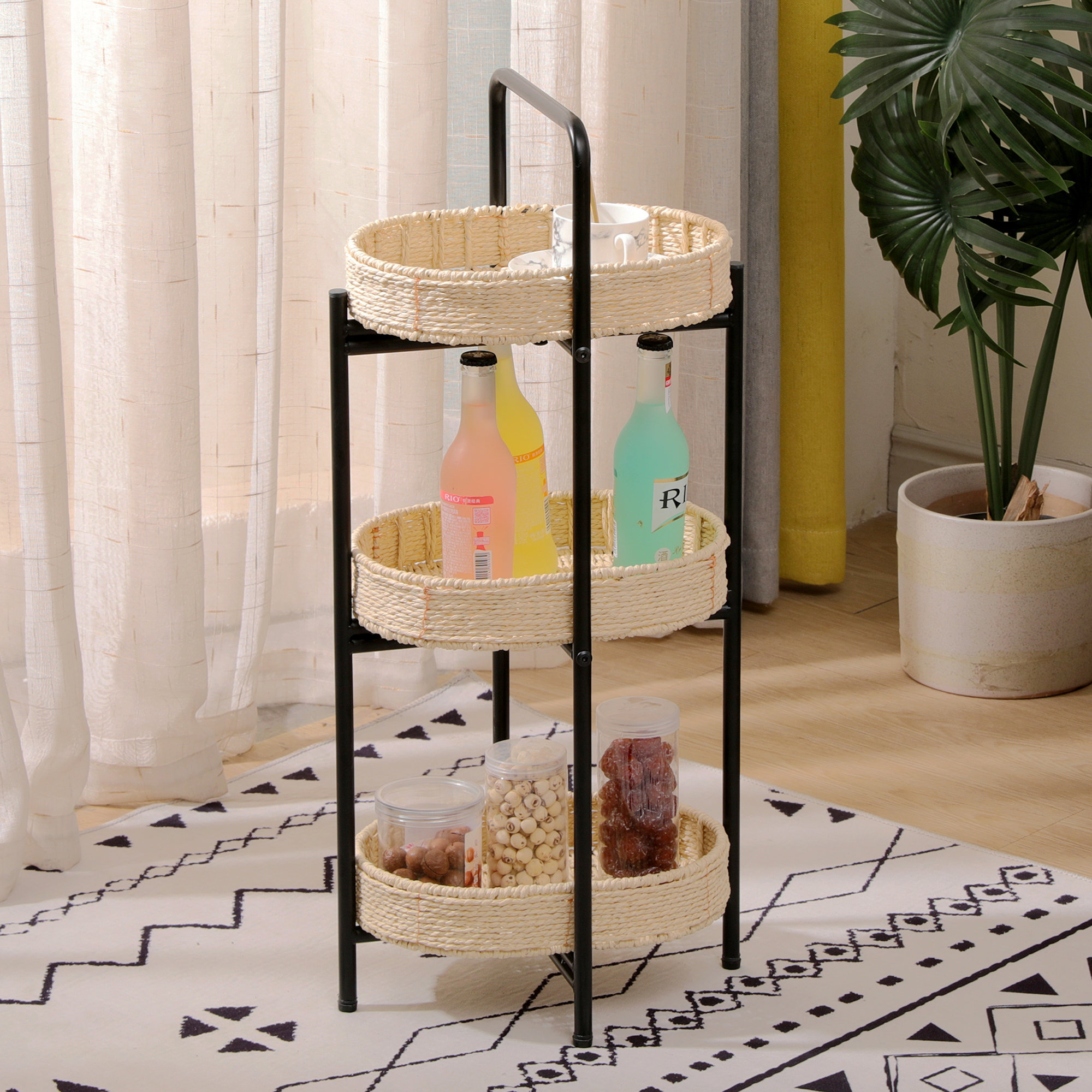 Rebrilliant 3-Tier Handwoven Side Table Snack Basket, Metal Floor Rack ...