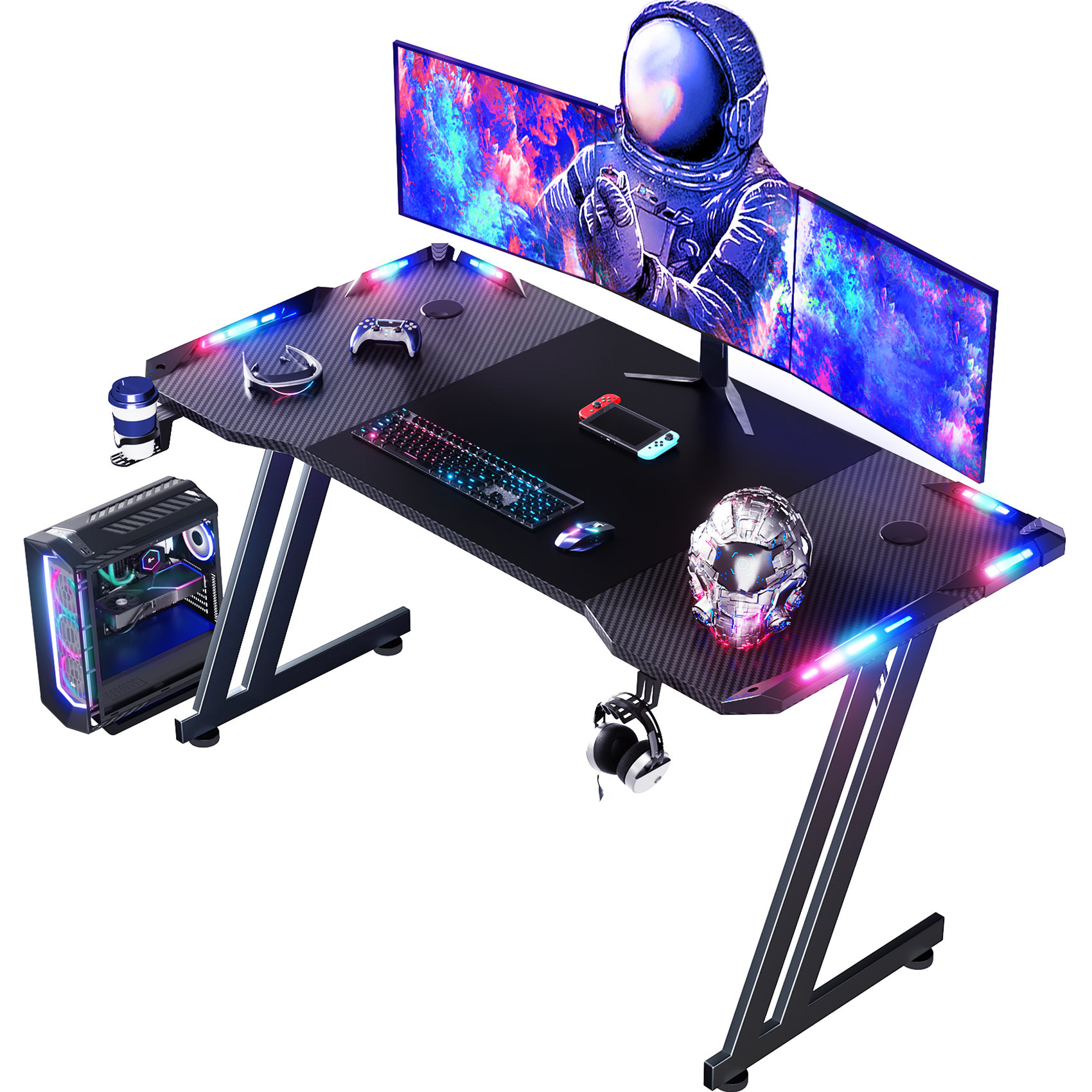 Wrought Studio™ Hawley Gaming Desk With LED Lights Carbon Fibre Surface ...