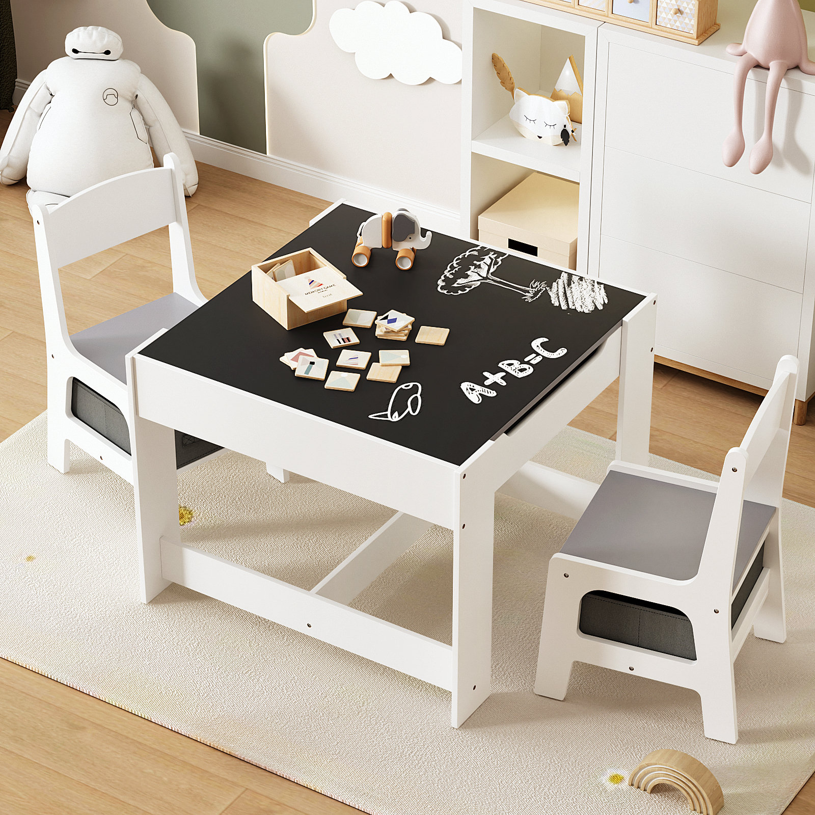 Harriet Bee Kids Wooden Table & 2 Chairs Set, 4 In 1 Children Activity ...