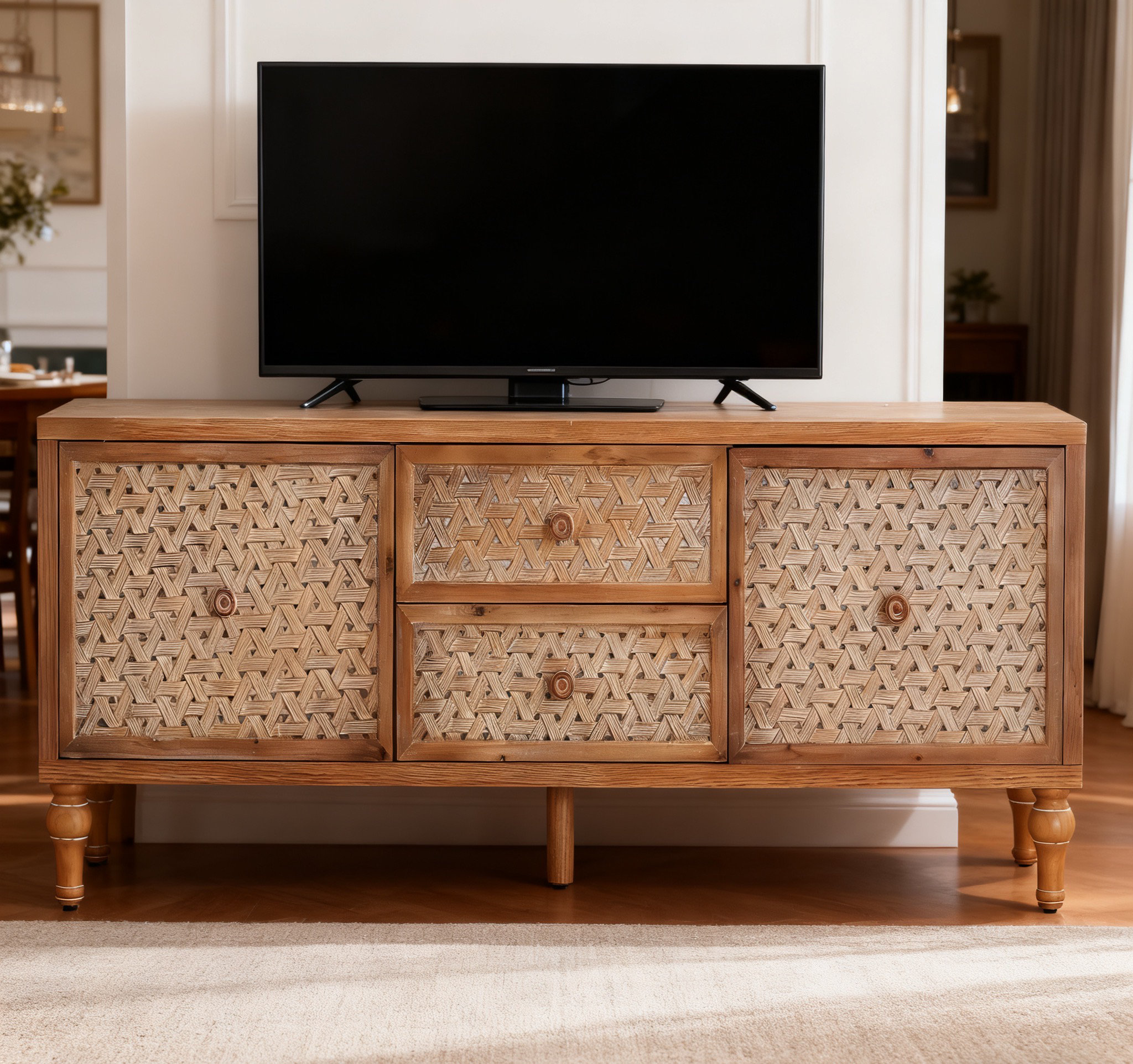 Bayou Breeze Rattan Tv Stand For Tvs, Wood Tv Stand Mid Century ...