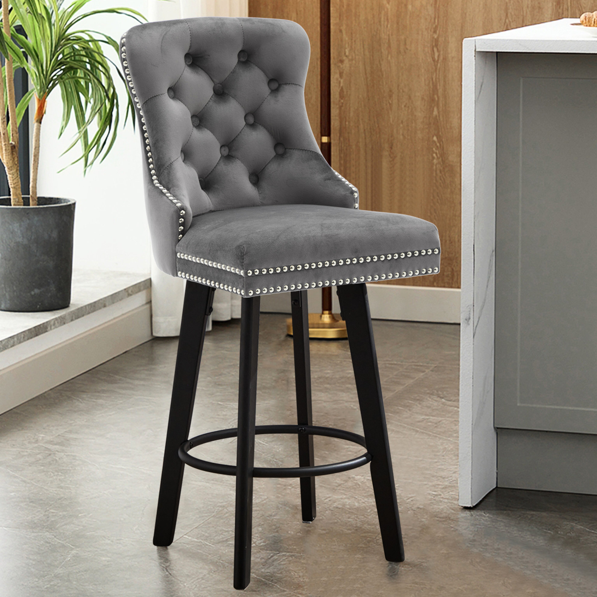 House of Hampton Velvet Bar Stools In Modern Style, Dark Grey, Button ...