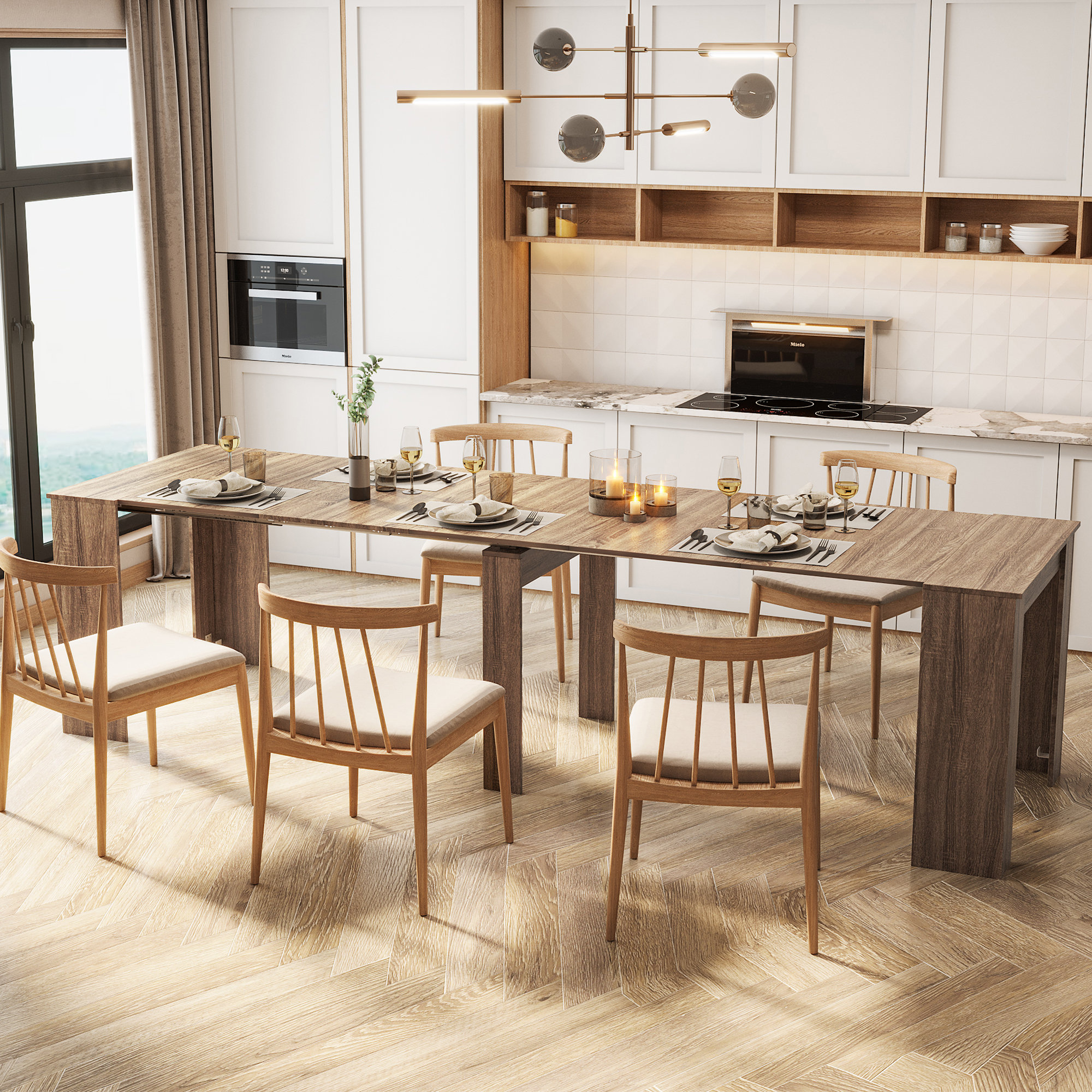 Ebern Designs Convertible 9.8Ft Dining Desk & Console, Space-Adaptive ...