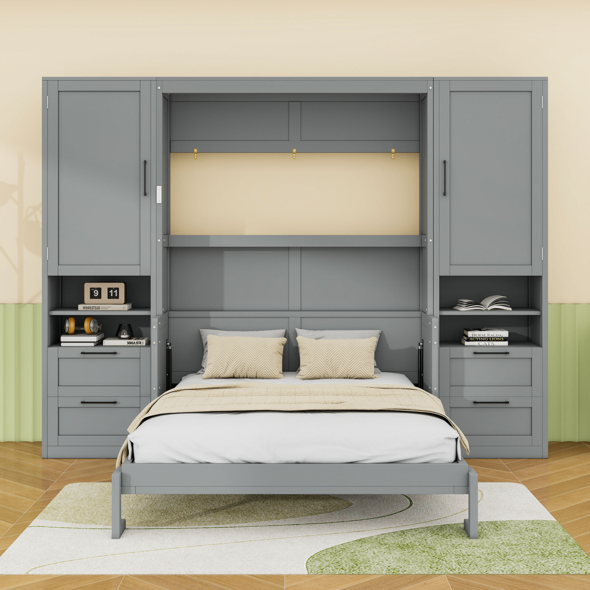 Red Barrel Studio® Full 4 Drawers Wood Murphy Bed with Storage Shelves ...