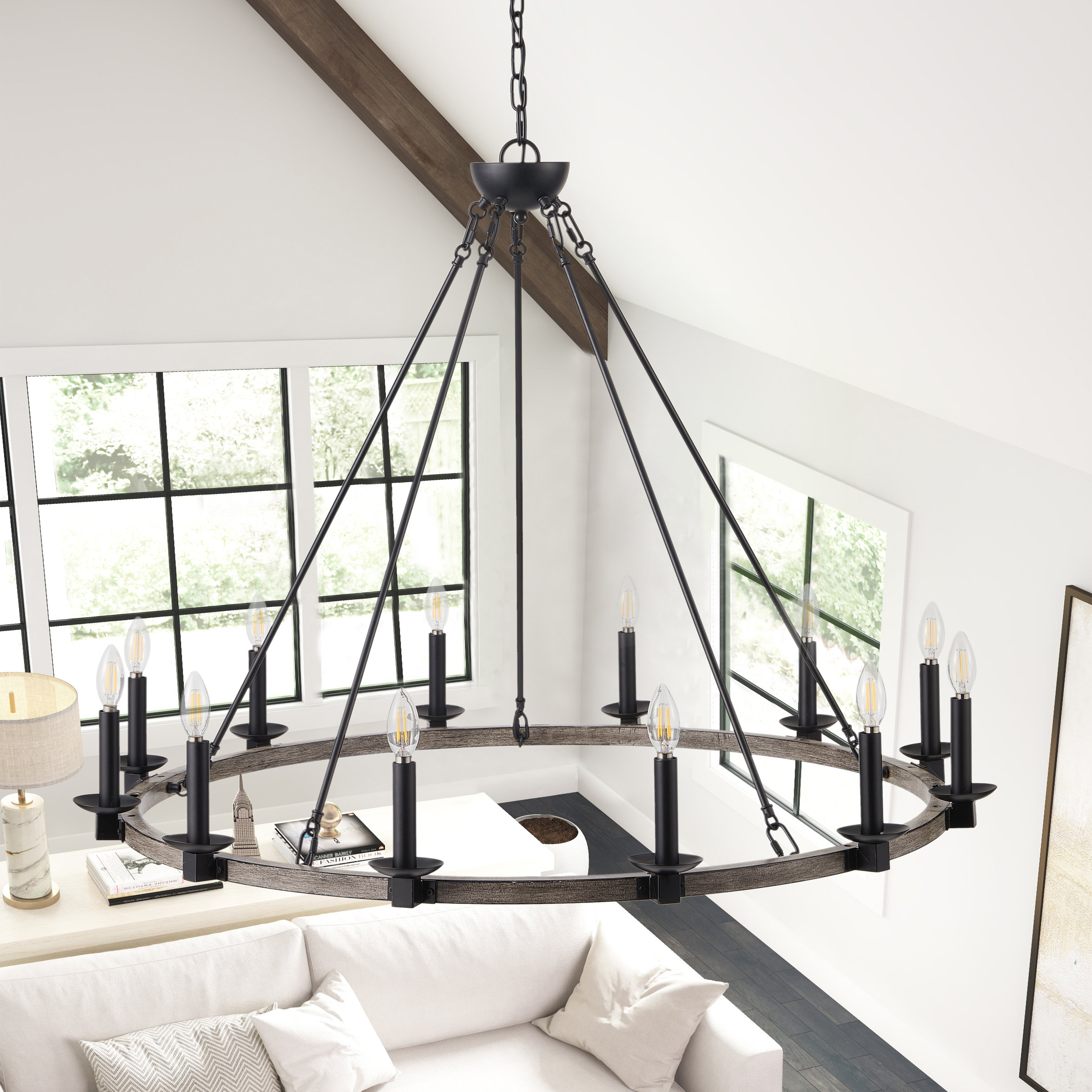 17 Stories 12-Light Rustic Hanging Wagon Wheel Light Fixtures | Wayfair
