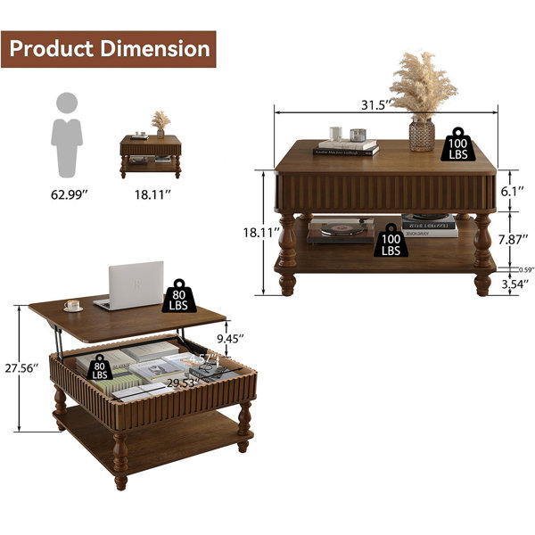 George Oliver 31.5 Inch Square Fluted Lift-Top Coffee Table With Hidden ...