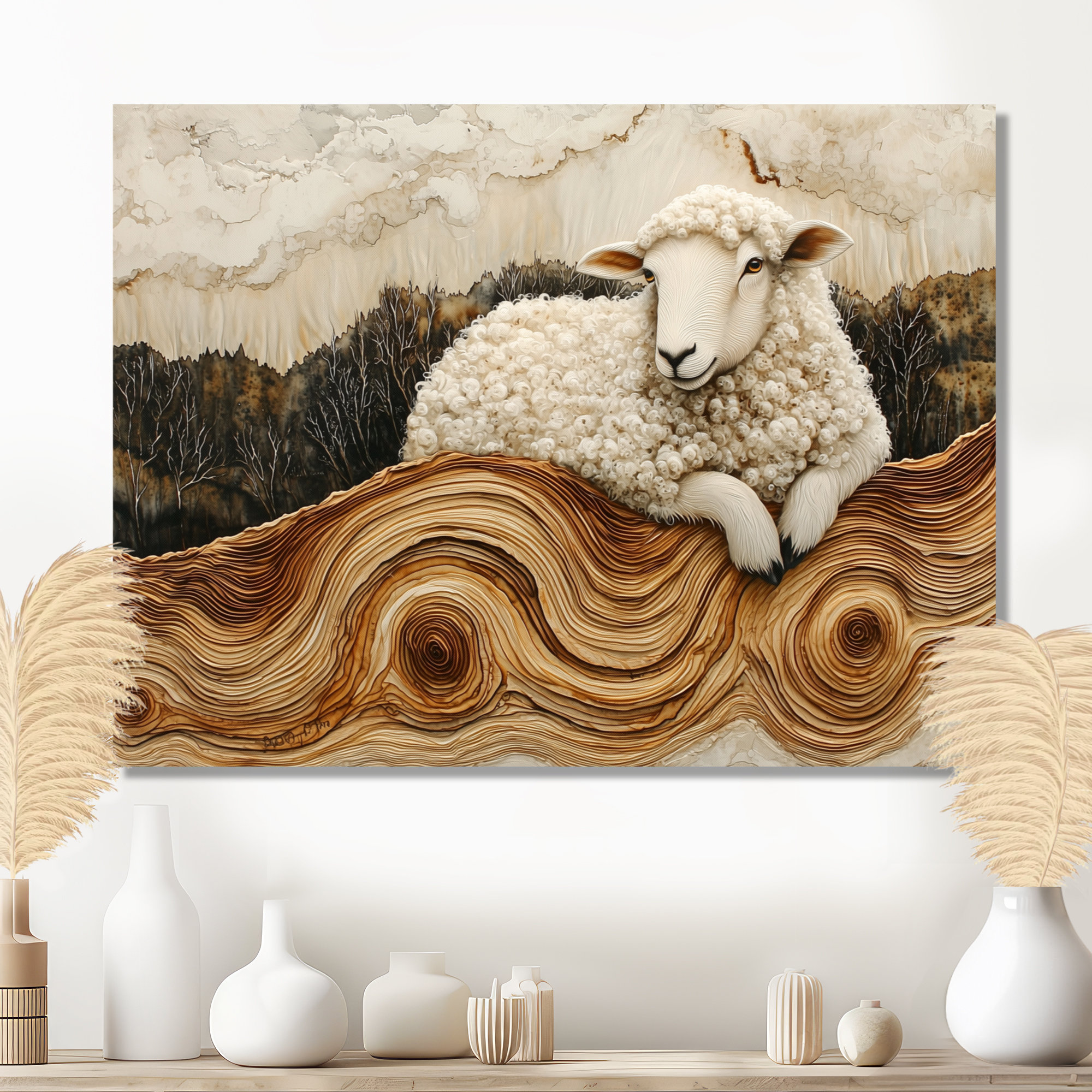 August Grove® Donart Abstract Sheep In Farm Landscape - Sheep Wall Art ...