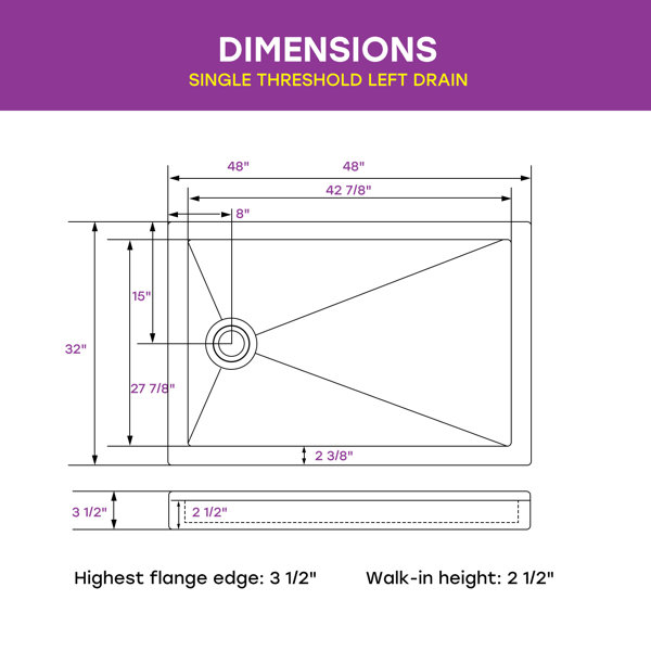 HOROW 48" x 32" White Shower Base with Drain Assembly and Drain Cover ...
