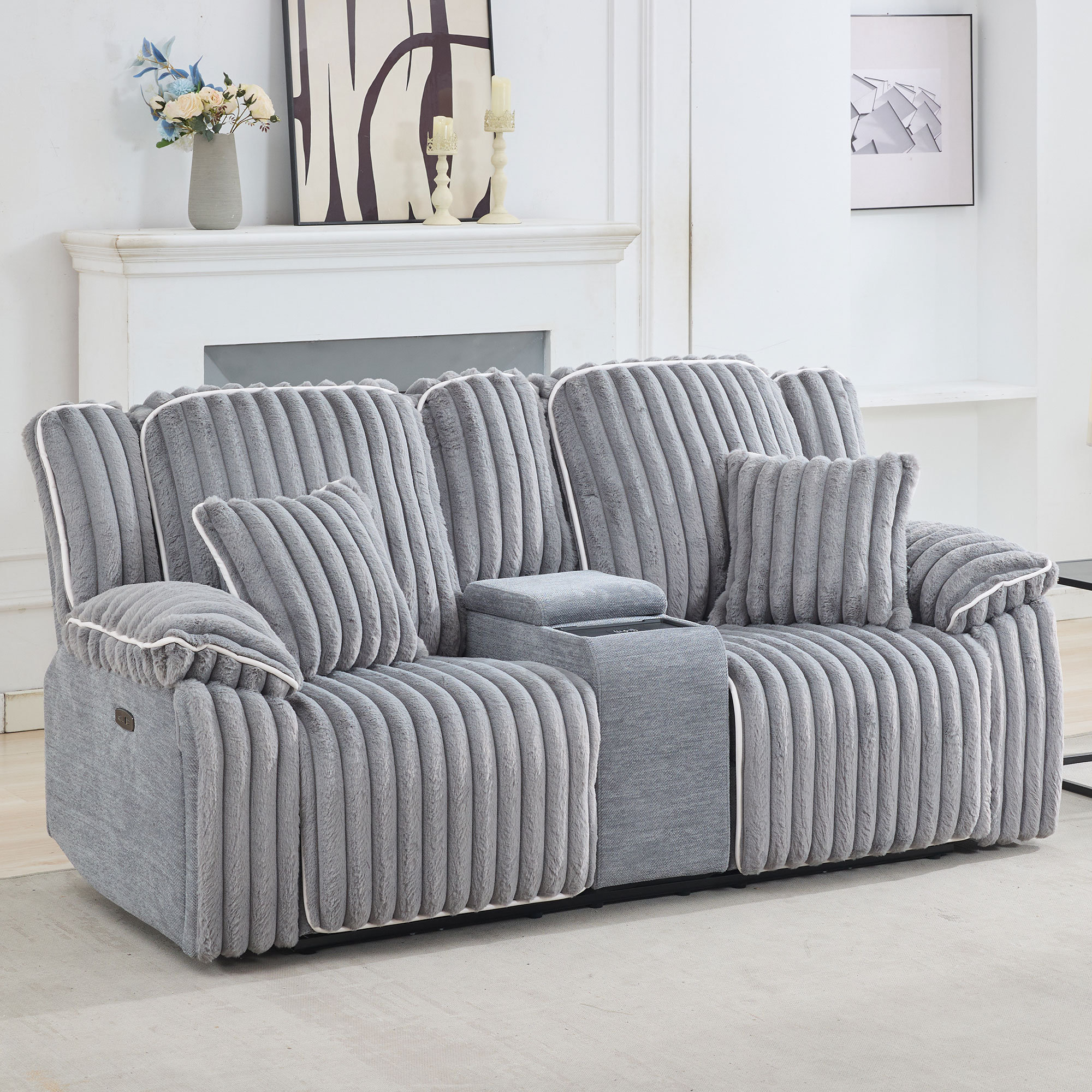 Mercer41 Rabbit Fur Power Loveseat Recliner Couch With Console And ...