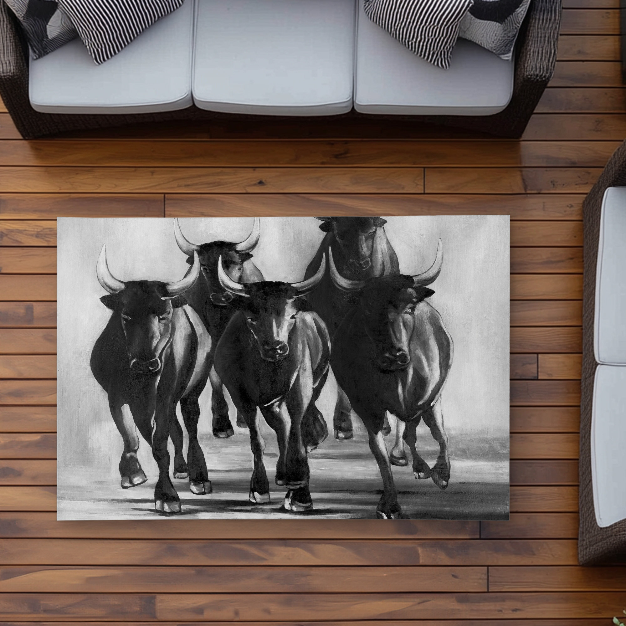 Lark Manor™ Group of Bulls at Galops - Black Monochrome Outdoor Rug ...