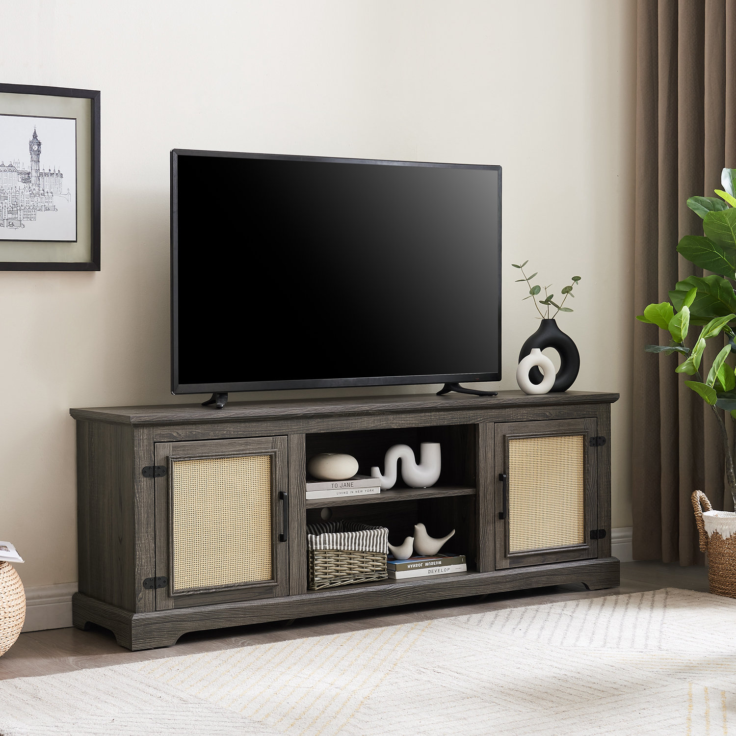 Bayou Breeze TV Stand with 2 Storage Shelves and 2 Rattan Door Cabinets ...