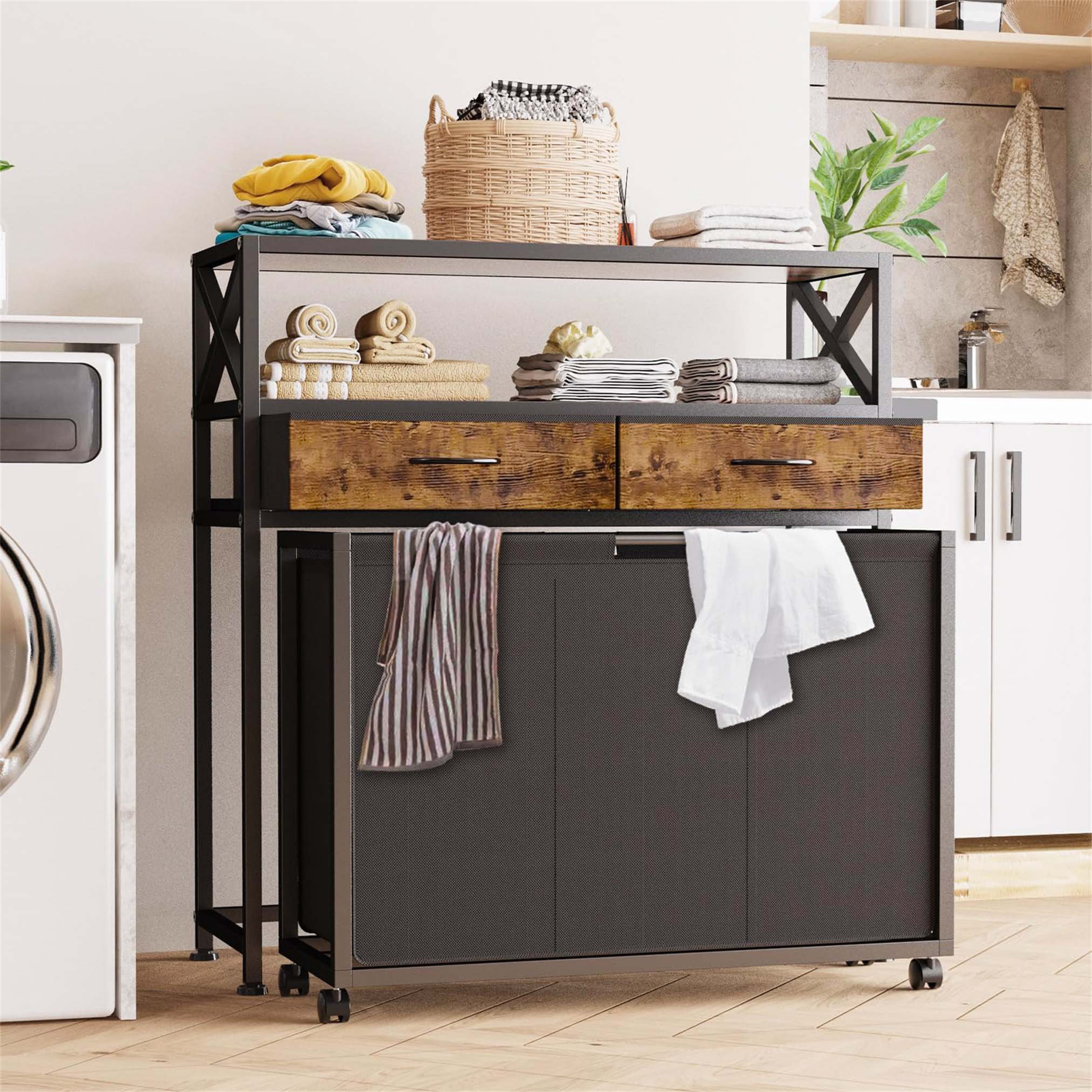 FLOORING CENTER LLC Rolling Laundry Basket With 3 Section Pull-Out Bags ...