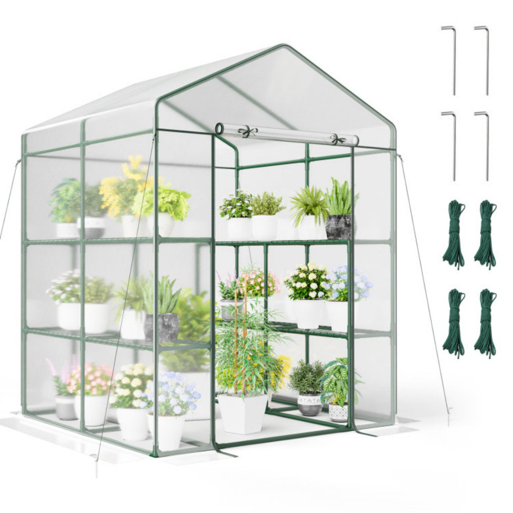 Costway Portable Mini Greenhouse With 3 Tiers 8 Shelves Roll-up ...
