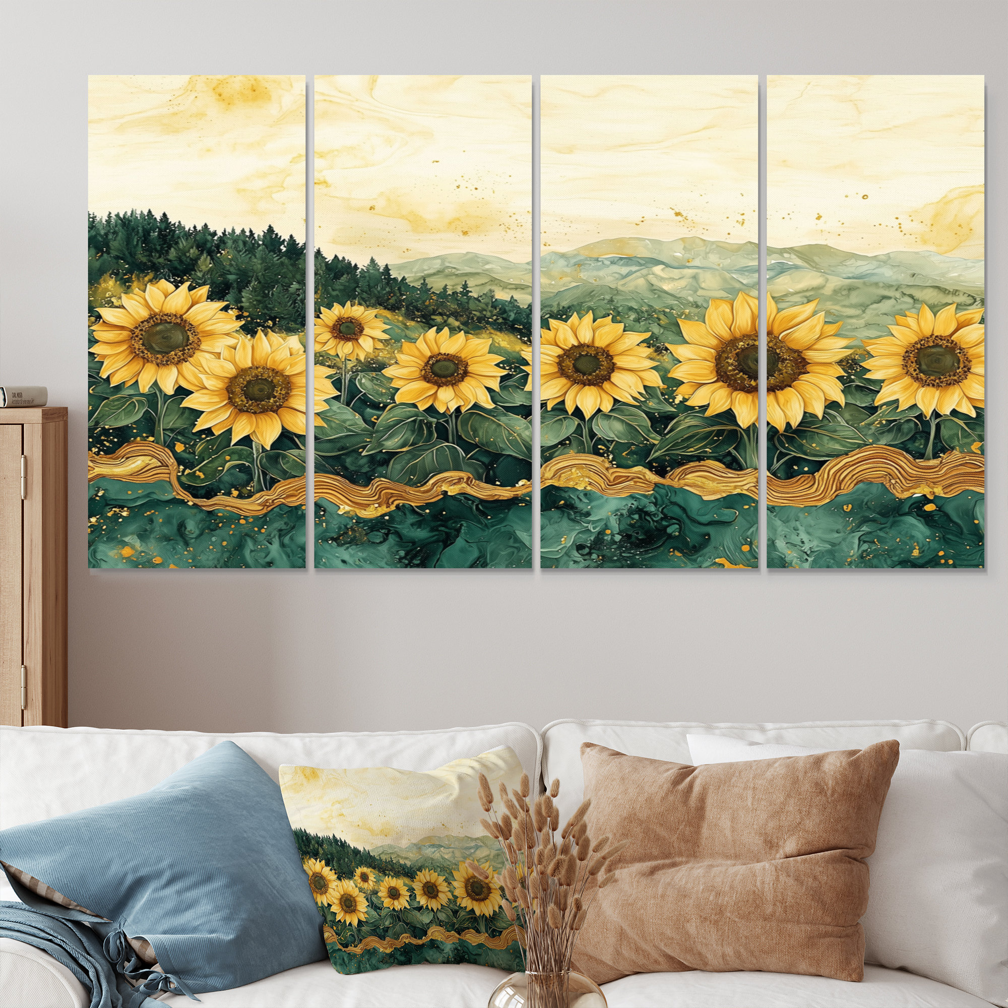 August Grove® Sunflowers Landscape On A Top Of Emerald River ...