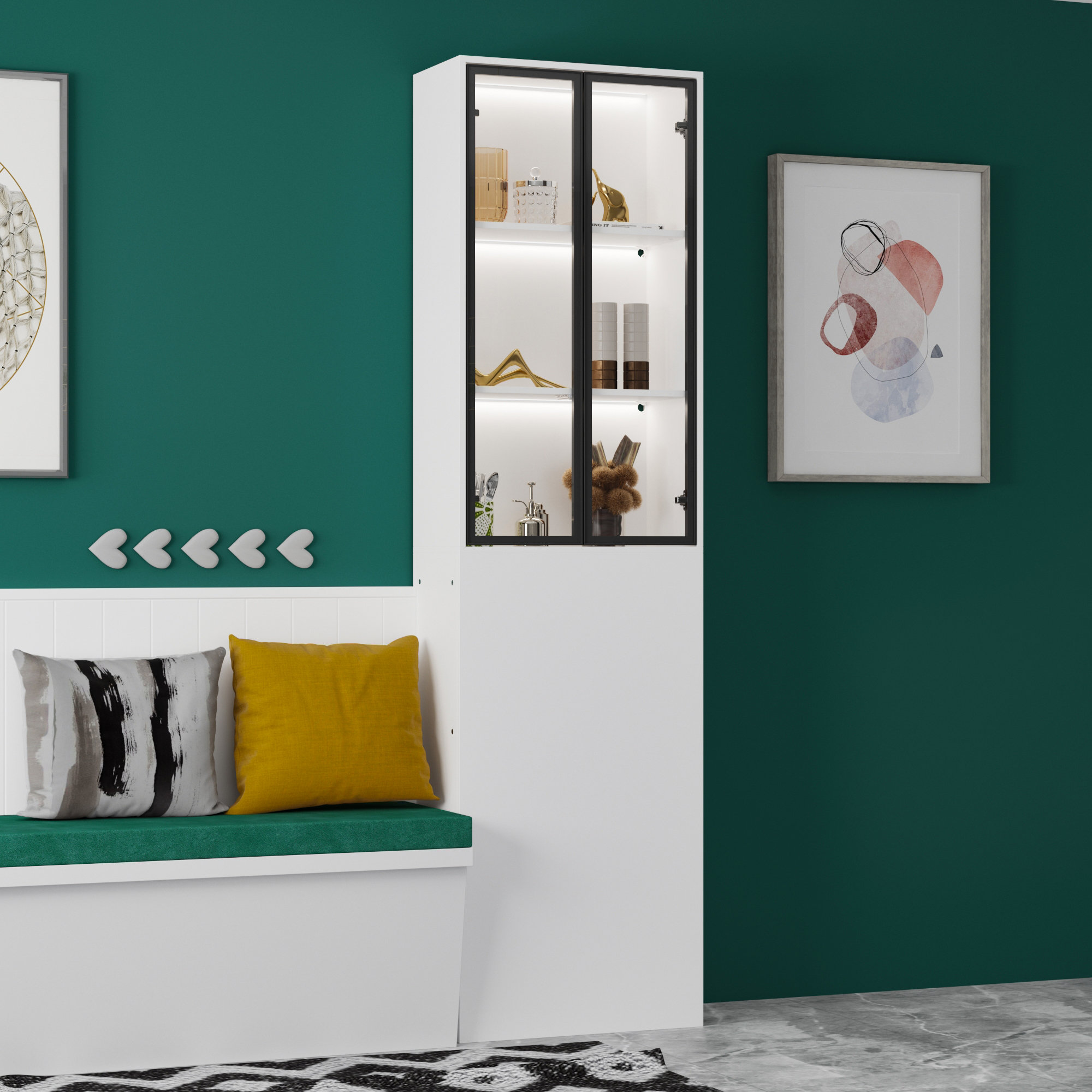 Wade Logan Chessy 86.6"H 2 Doors Glass Display Case With 4 Drawers ...