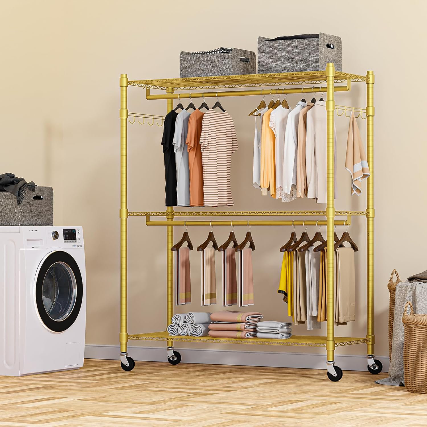 Rebrilliant 3 Tier Garment Rack With Wheels, Portable Closets For ...
