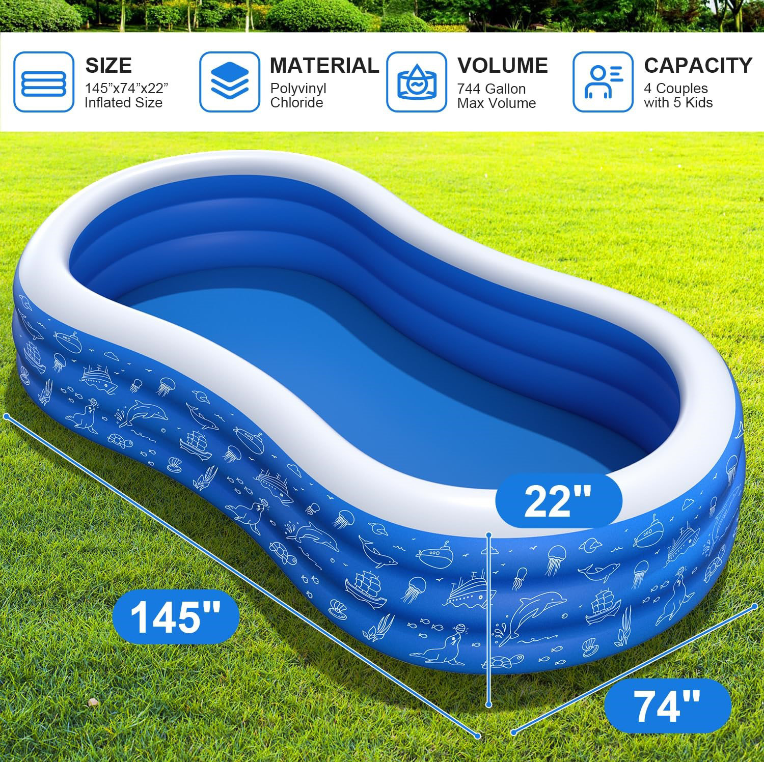 INVOTOT Large Inflatable Pool For Kids Adults, 145" X 74" X 22" Blow Up ...