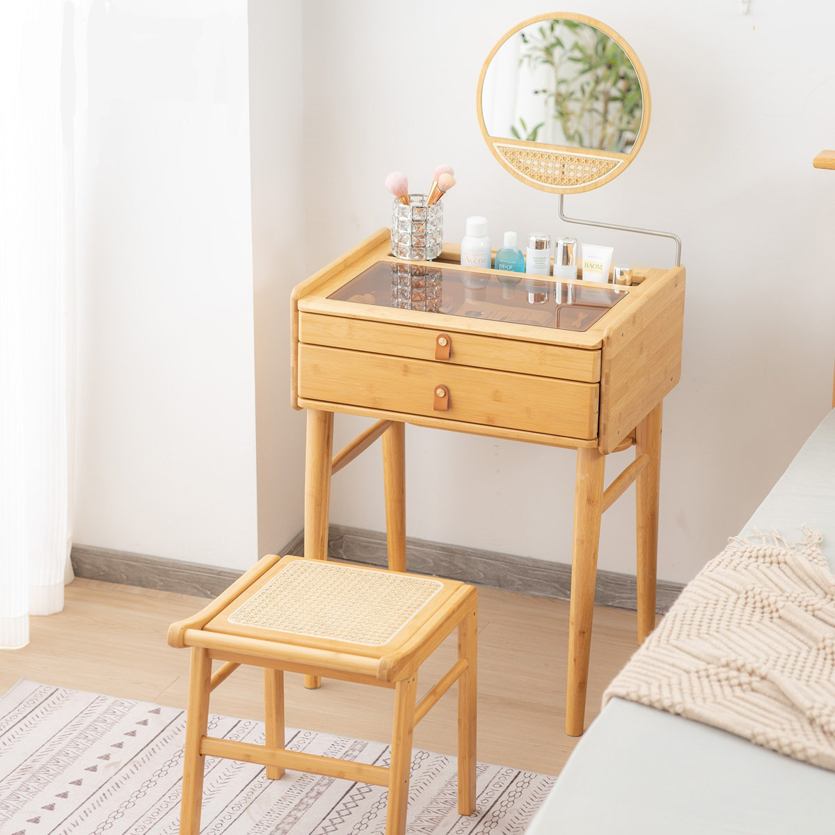 Bay Isle Home™ Makeup Vanity Desk Set With Mirror, Glass Top, Drawer ...