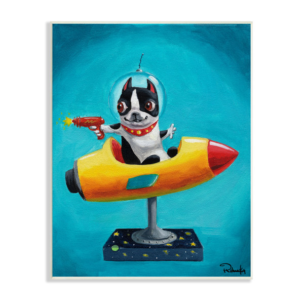 Trinx Funny Big Eye Space Dog Retro Rocketship Ride, Bl Framed On MDF ...