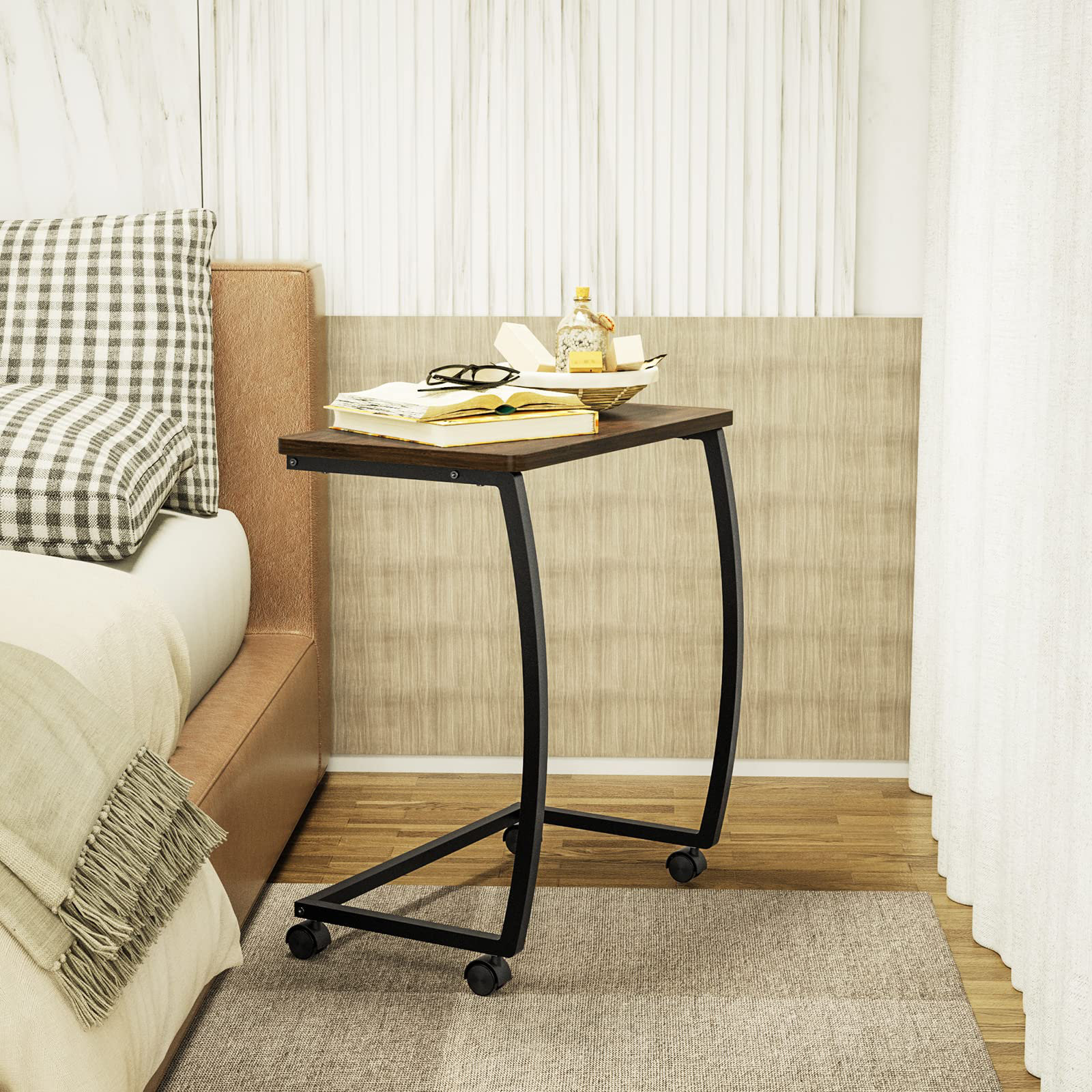 17 Stories Retro C-Shaped Side Table With Casters, Multipurpose End ...