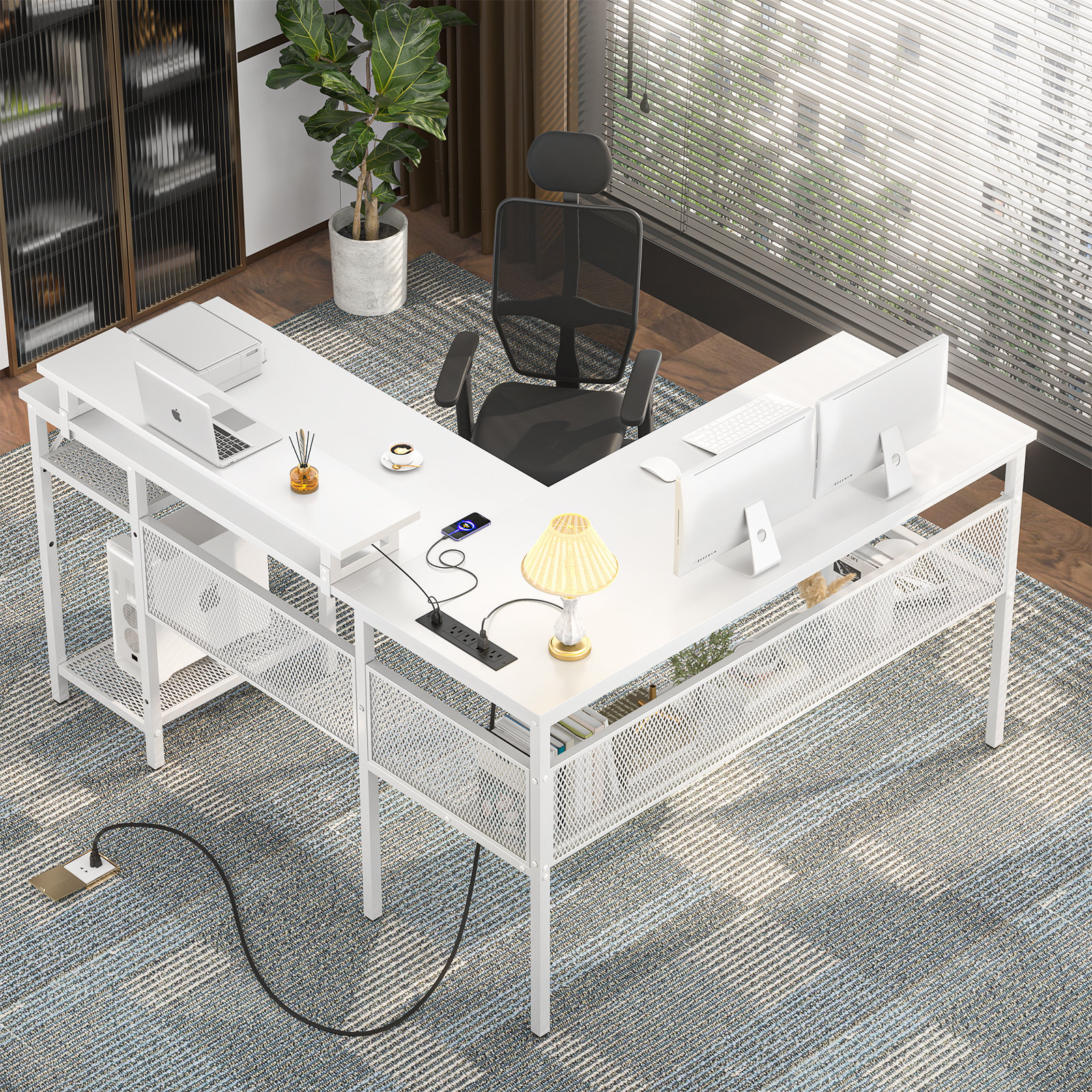 Ebern Designs Toria 55'' L-Shaped Desk with Power Outlets and USB ...
