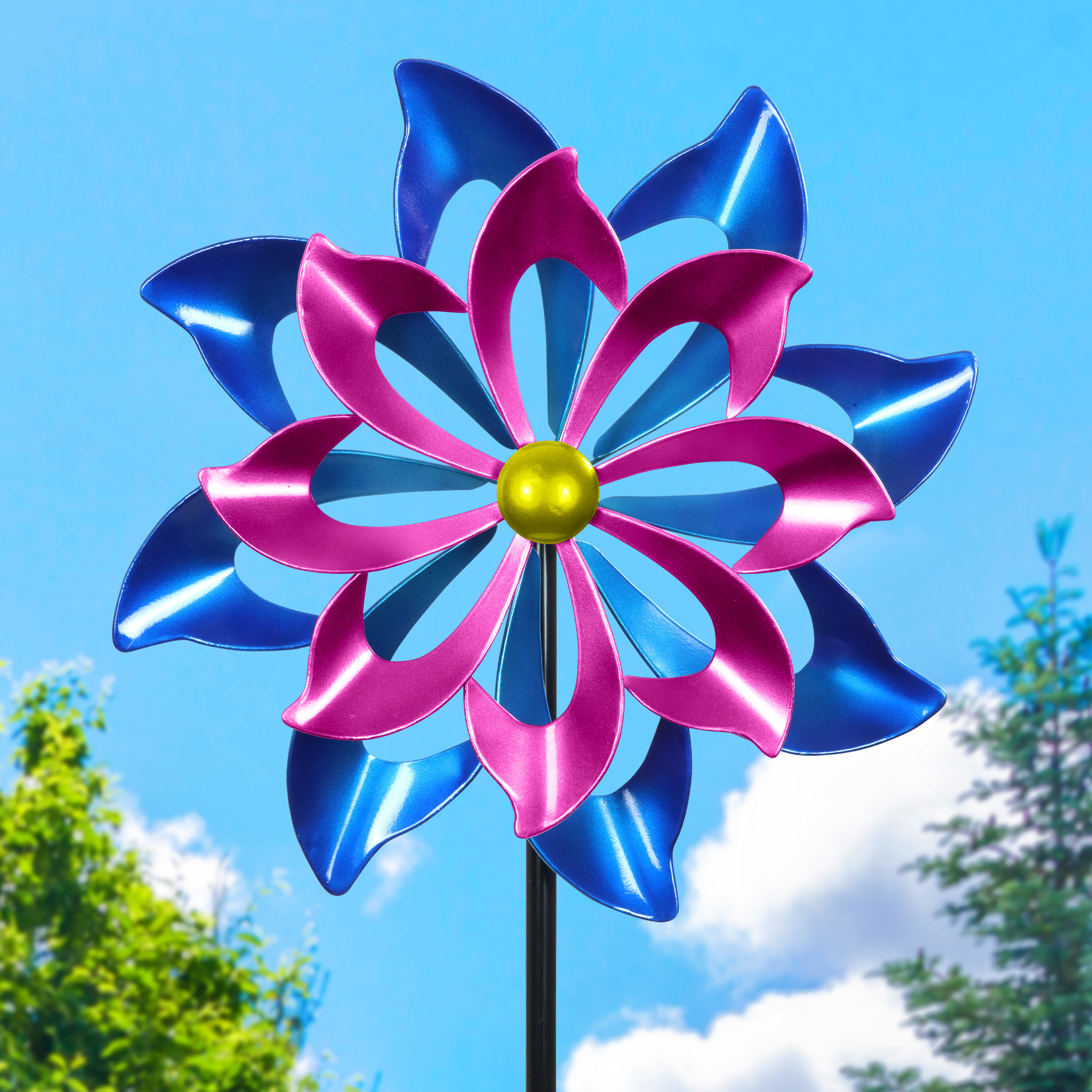 Exhart Double Metal Pinwheel Garden Kinetic Spinner Stake, 18 by 69.5 ...