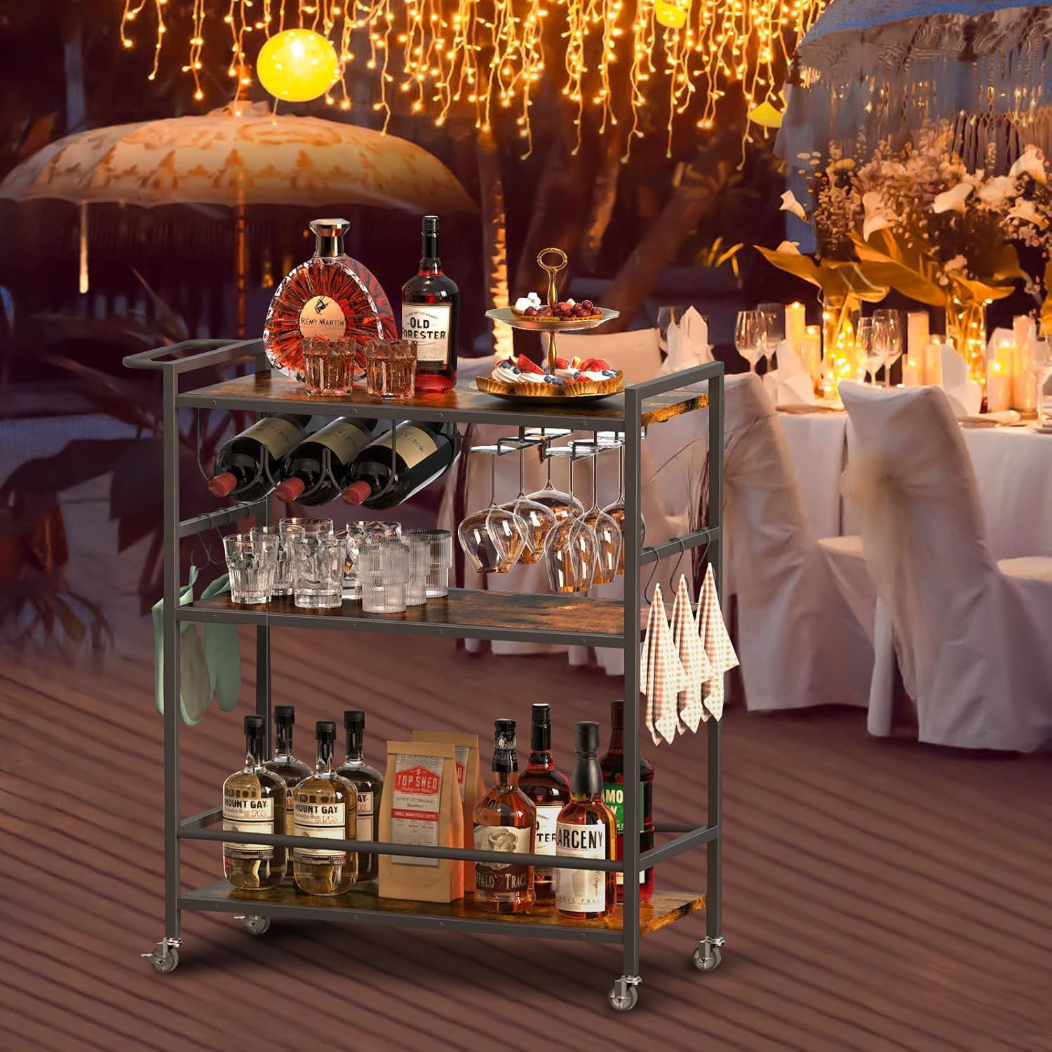Latitude Run® 3-Tier Bar Cart With Lockable Wheels, Wine Rack, Glass ...