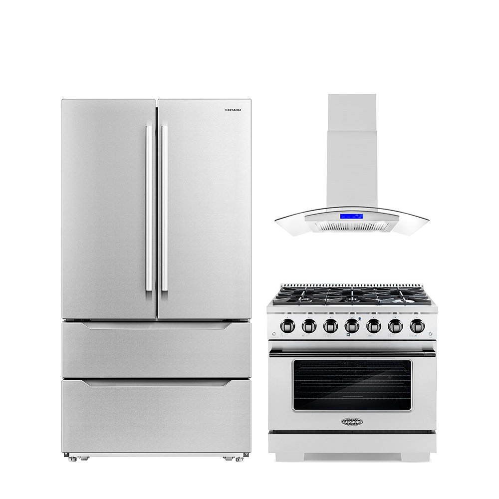 Cosmo 3 Piece Kitchen Appliance Package with French Door Refrigerator ...