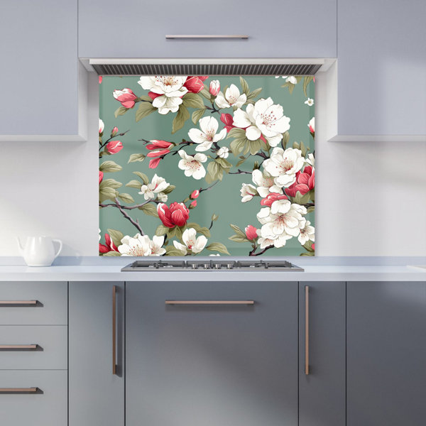 East Urban Home Pink And White Blossom Premium Glass Kitchen Splashback ...