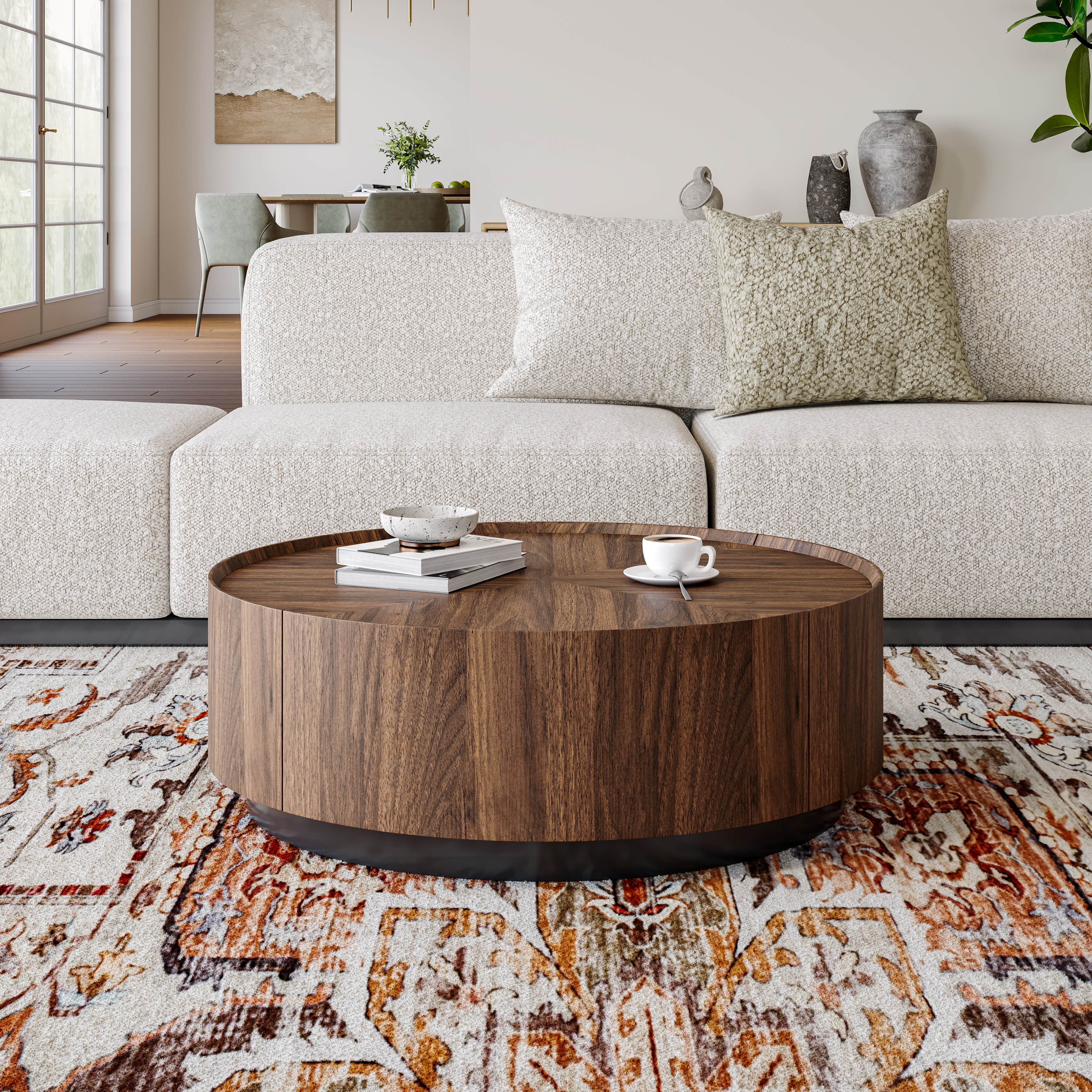 Latitude Run® Modern round walnut coffee table with drawer storage ...