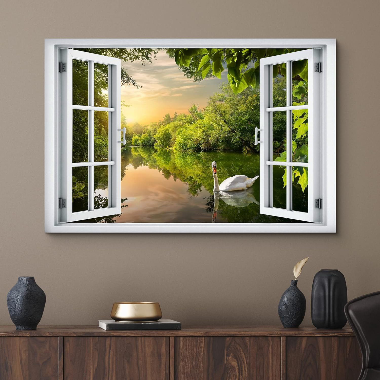 IDEA4WALL Window Scenery " Window View Swan Forest Lake Sunset Sky Zen ...