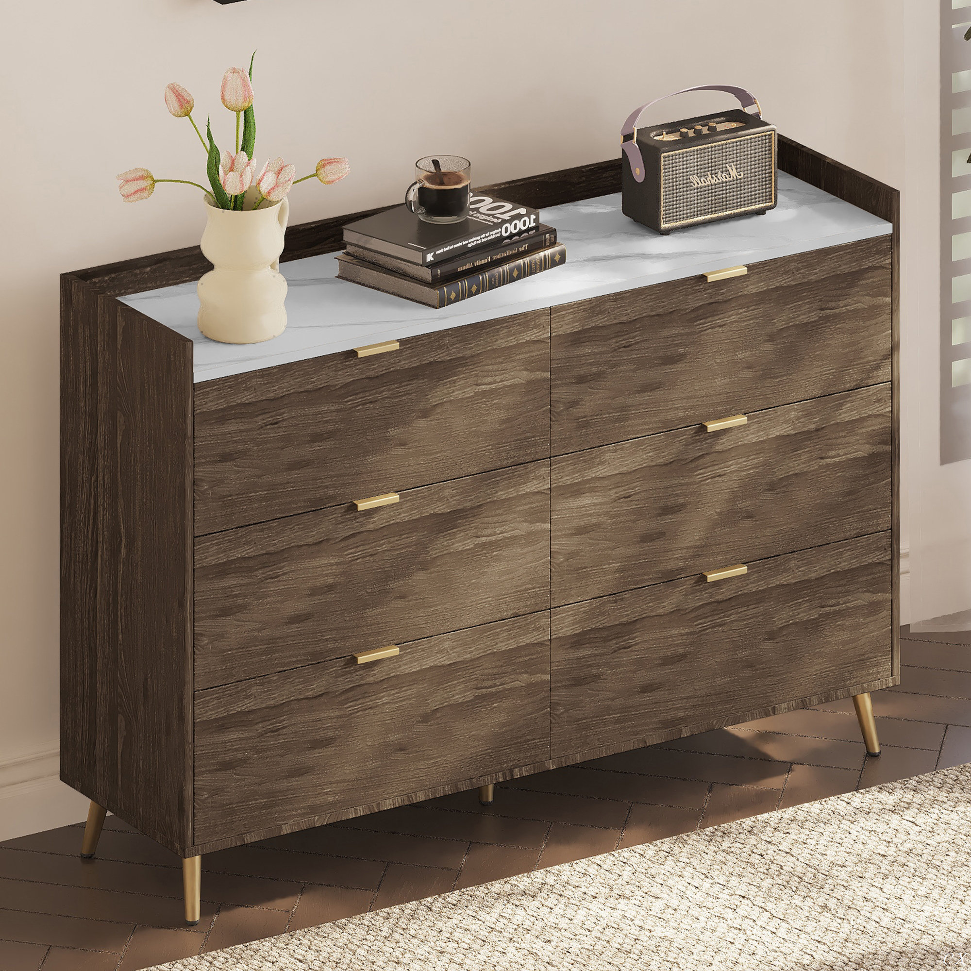 Ebern Designs Longue commode 6 tiroirs avec plan de travail en marbre ...