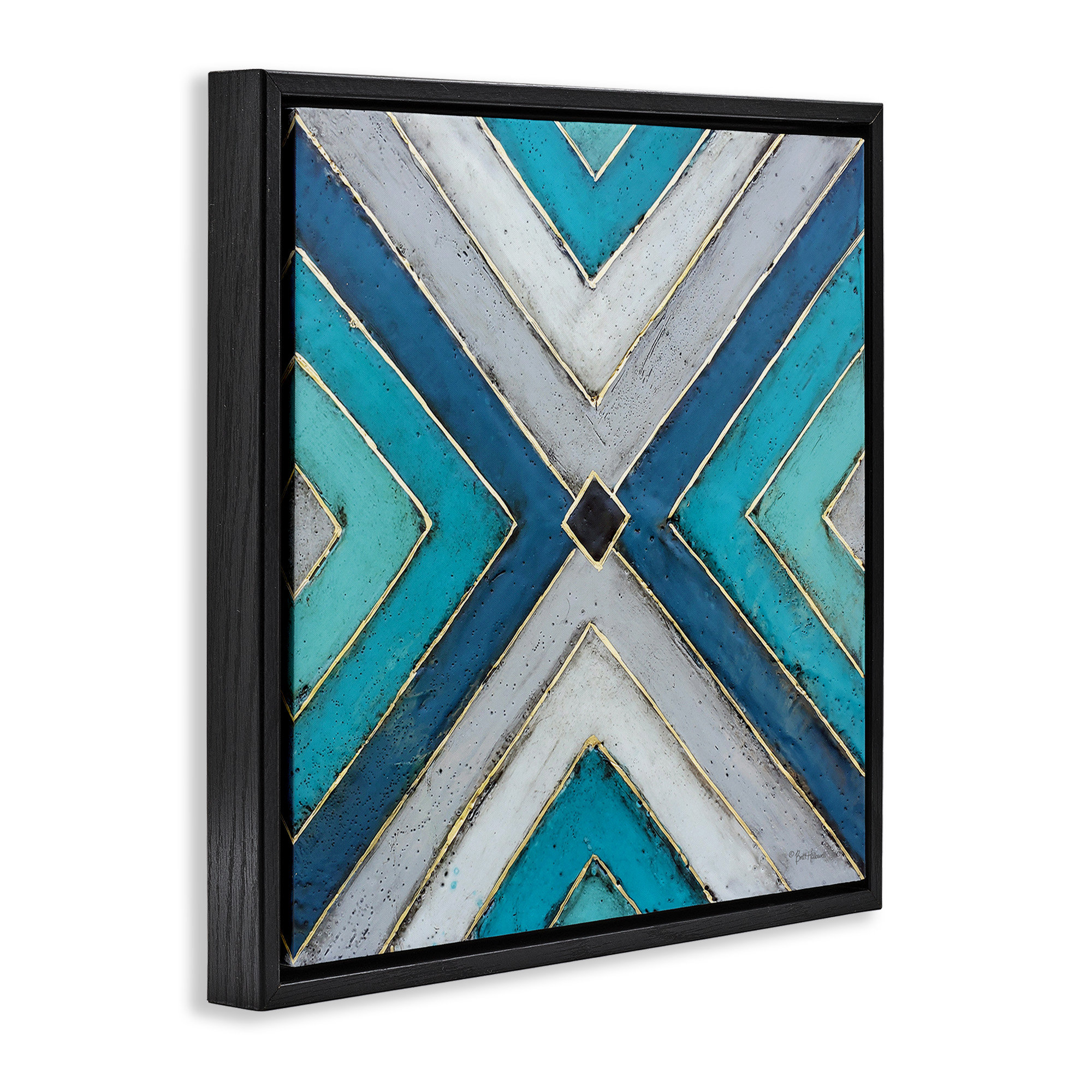 Latitude Run® Geometric Blue Symmetrical Design Framed Floater Canvas ...