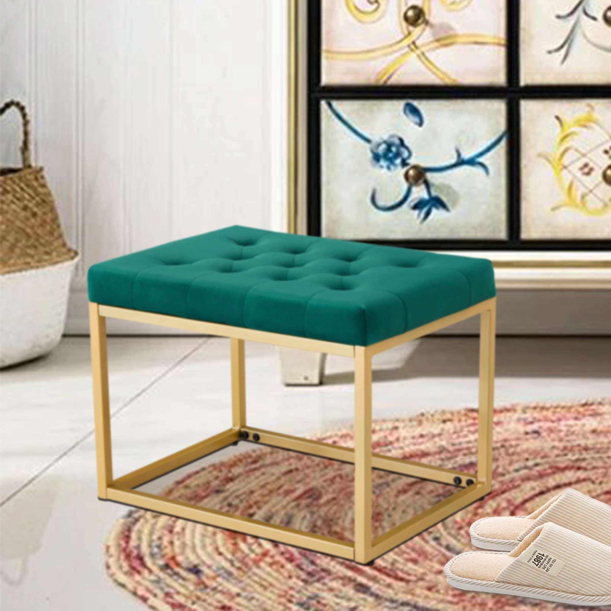 Mercer41 Velvet Shoe Changing Stool, Dark Green Footstool, Square ...