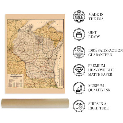 HISTORIC PRINTS HISTORIX Vintage 1900 Wisconsin Map Poster - 18X24 Inch ...