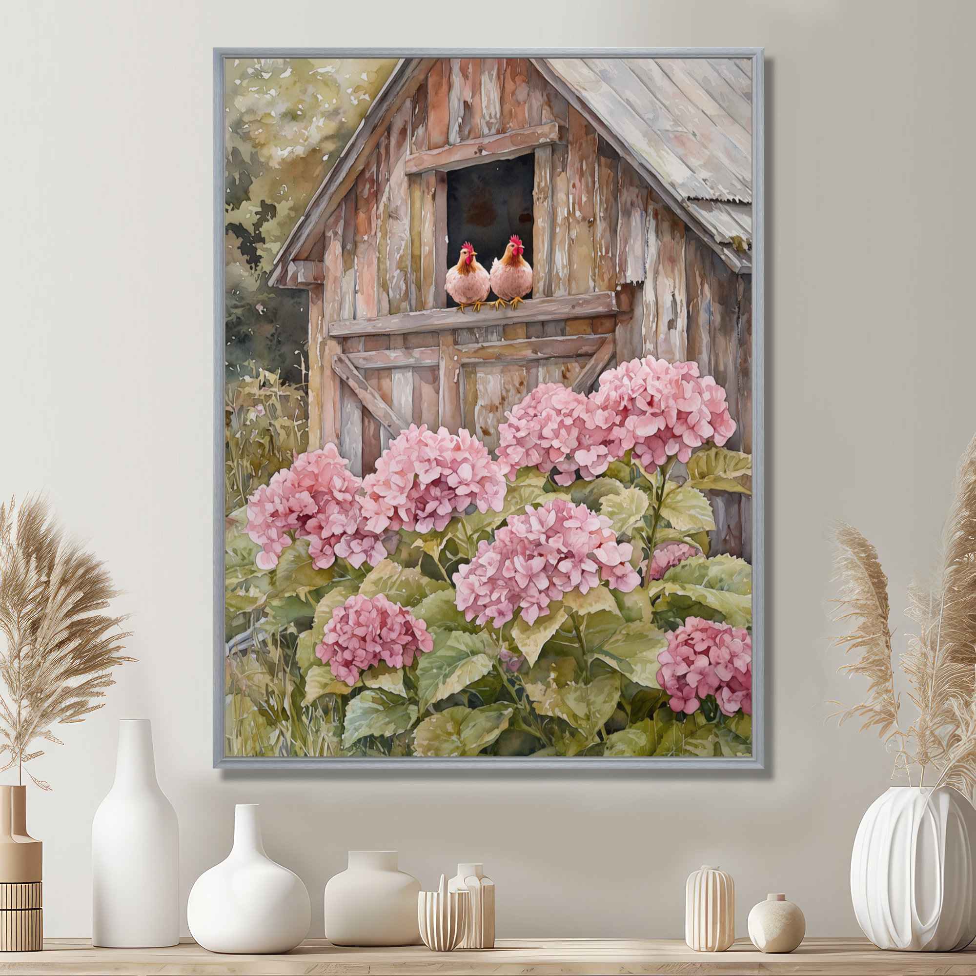 August Grove® Drayvon Hydrangeas And Chickens In The Yard I - Hydrangea ...