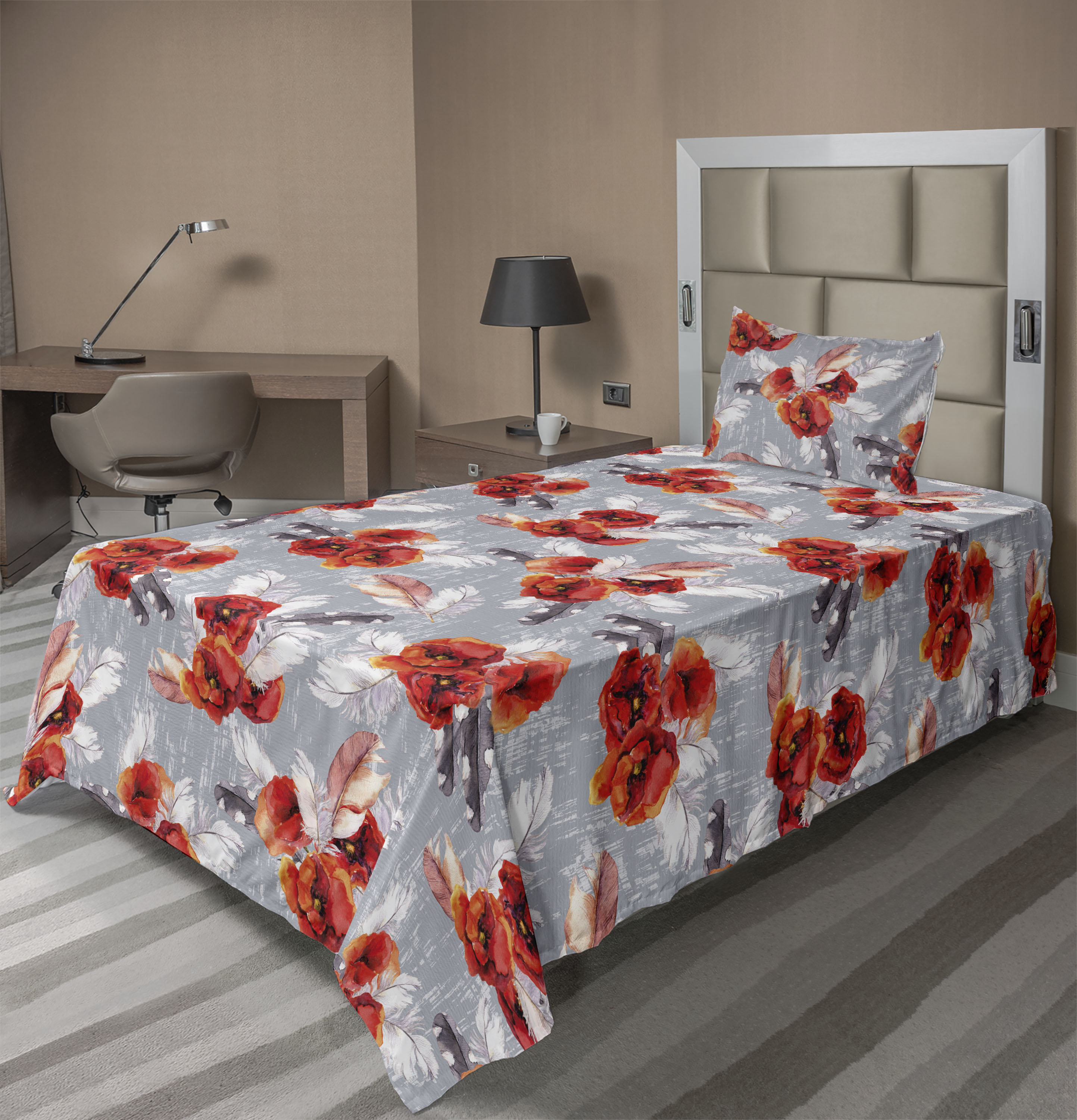 Ambesonne Poppy Sheet Set Vintage Boho Feathers Flowers Vermilion and ...