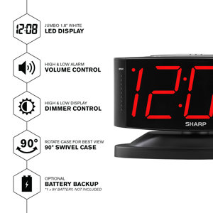 Sharp LED Digital Alarm Clock, Red LED Display, Swivel Base | Wayfair