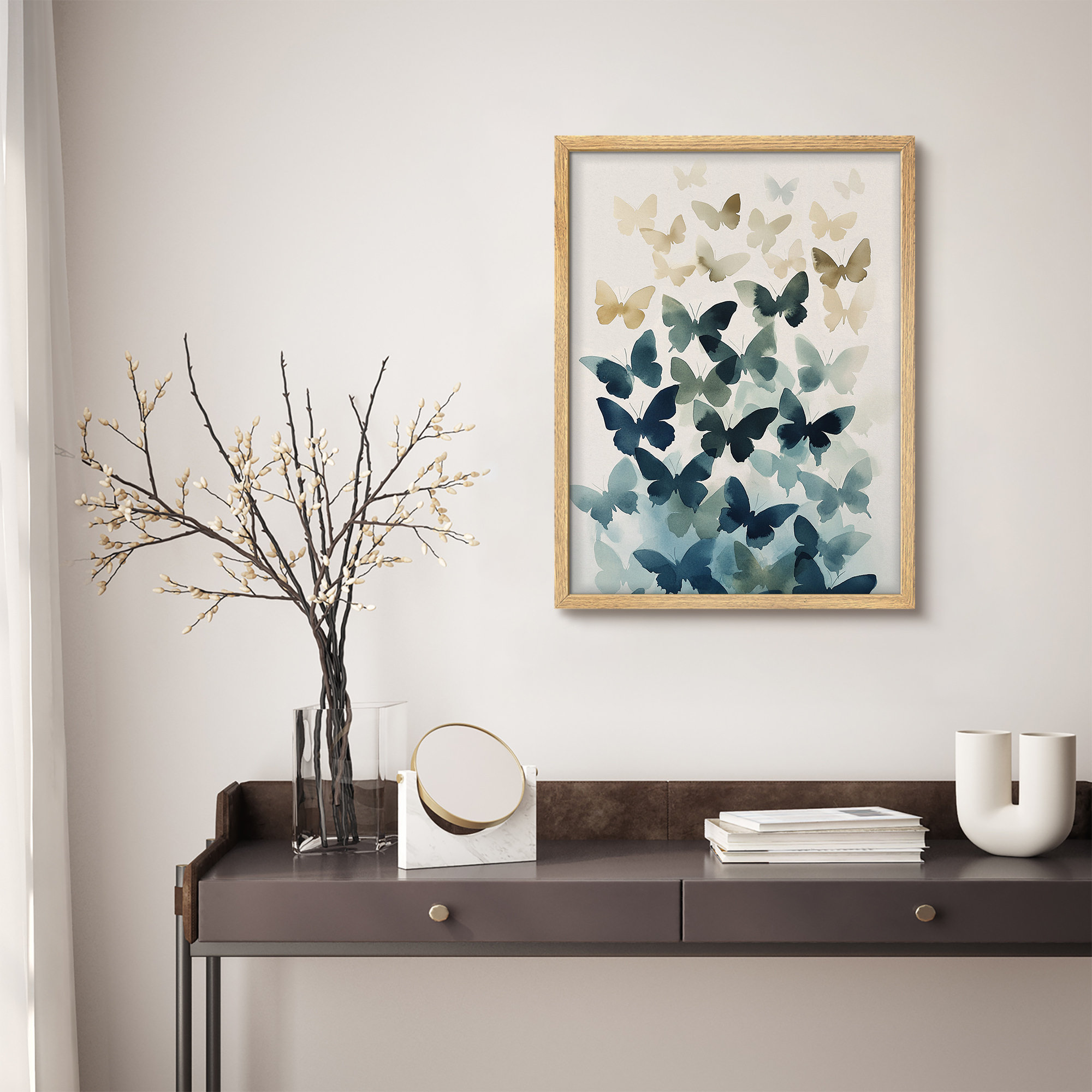 SIGNLEADER Watercolor Butterflies Framed Wall Art, Gradient Neutral to ...
