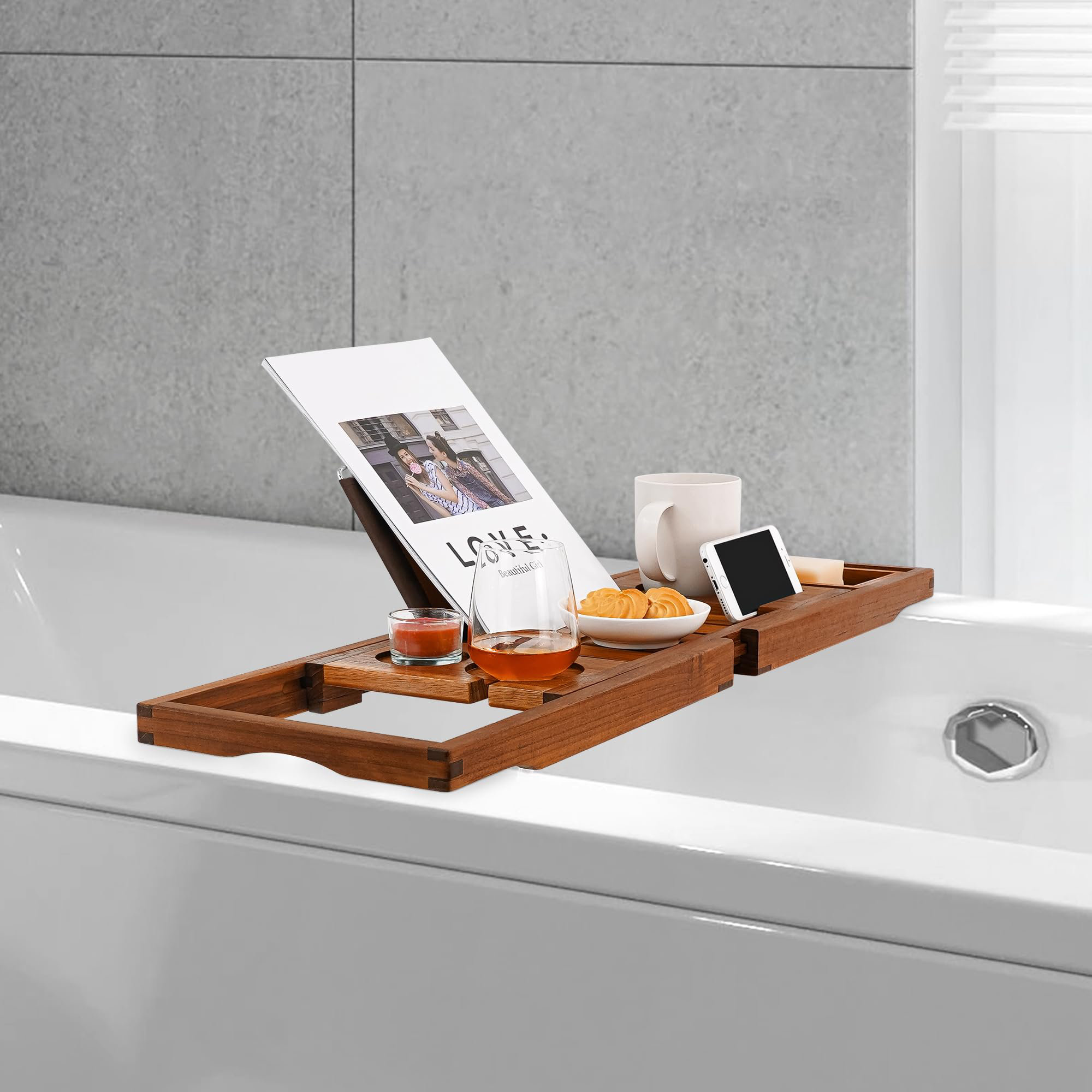 One Allium Way® Premium Teak Bathtub Tray, Expandable Wooden Bath Tray ...