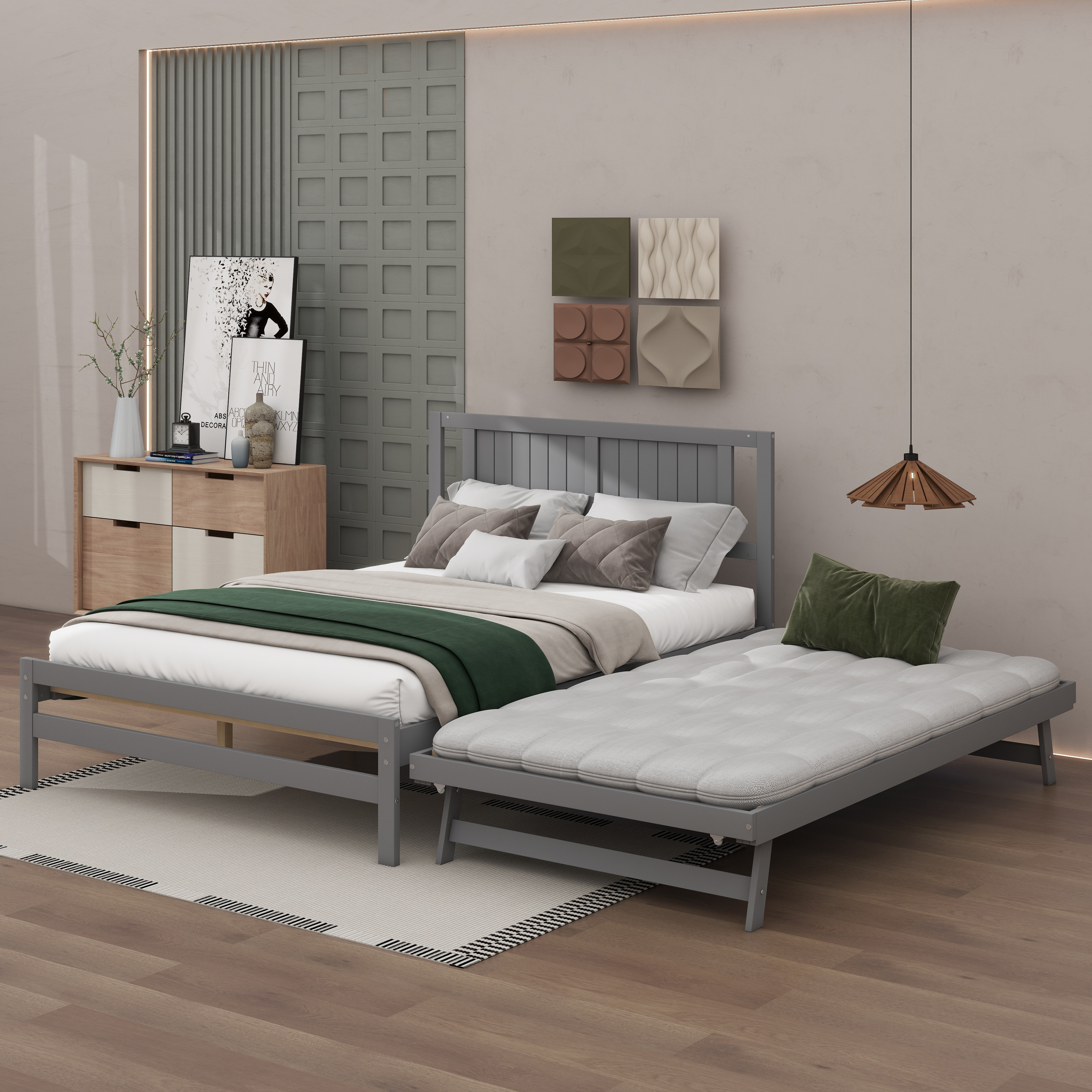 Red Barrel Studio Wood Full Bed With Adjustable Trundle Bed, Extendable ...