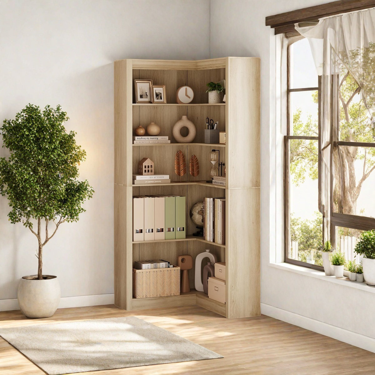 Ebern Designs Corner Bookshelf, Farmhouse Corner Tall Bookcase 5 Tier L ...