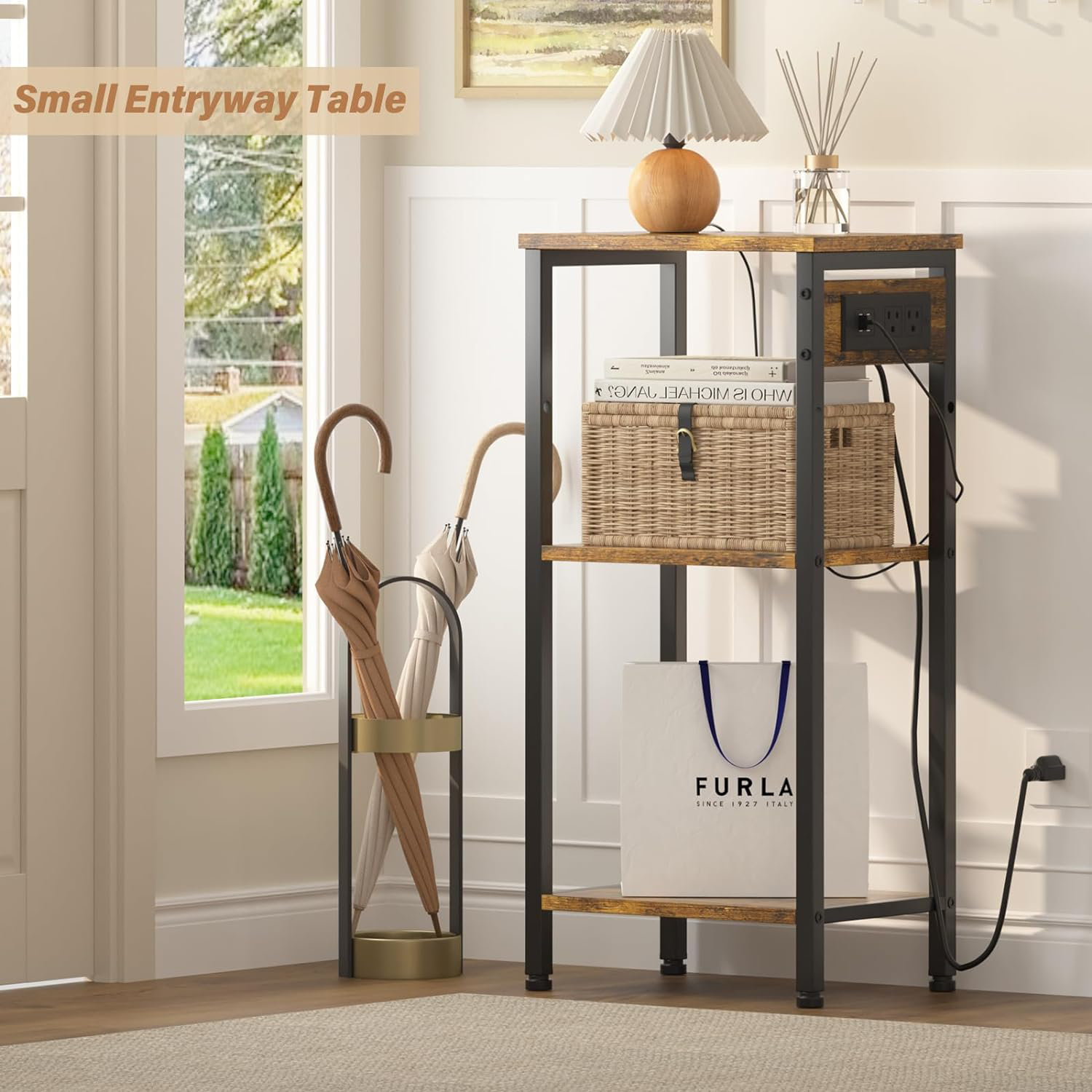 17 Stories Kalaia Tall End Table with Charging Station 3 Tier Narrow ...
