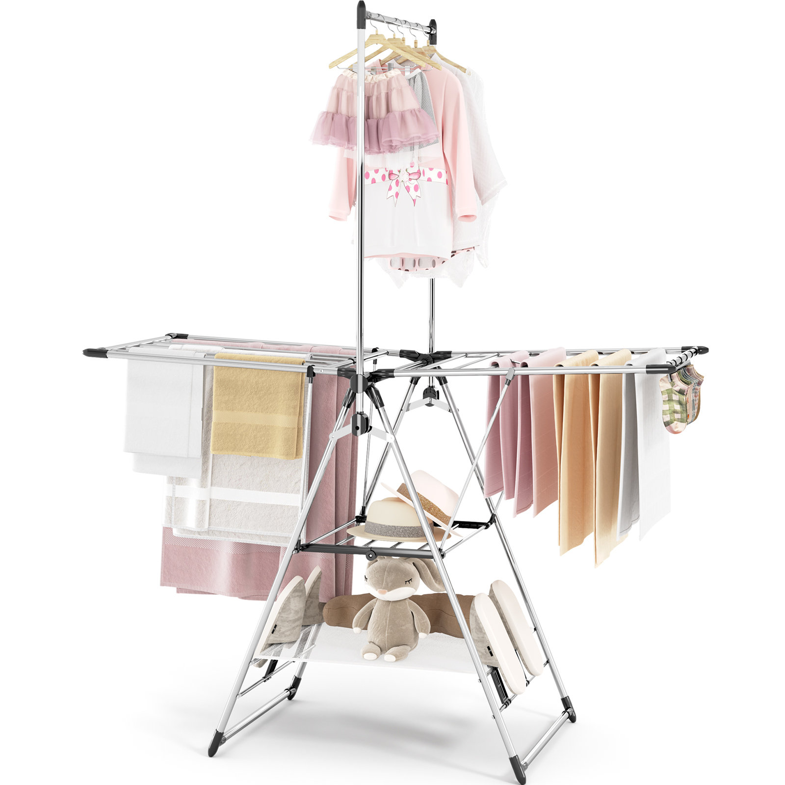 Rebrilliant Clothes Drying Rack with High Hanger, Foldable 3-Level ...